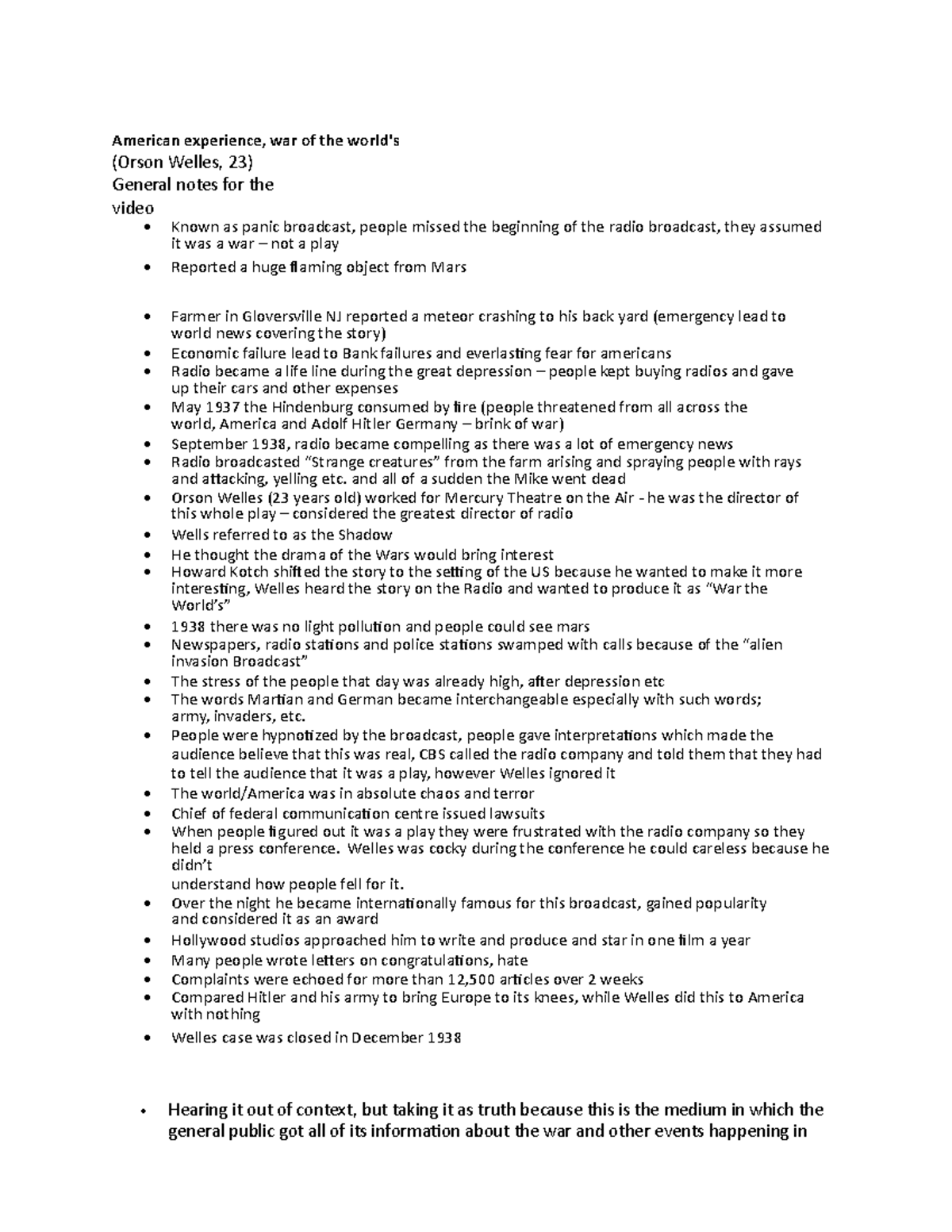 American experience, war of the world's - and all of a sudden the Mike ...