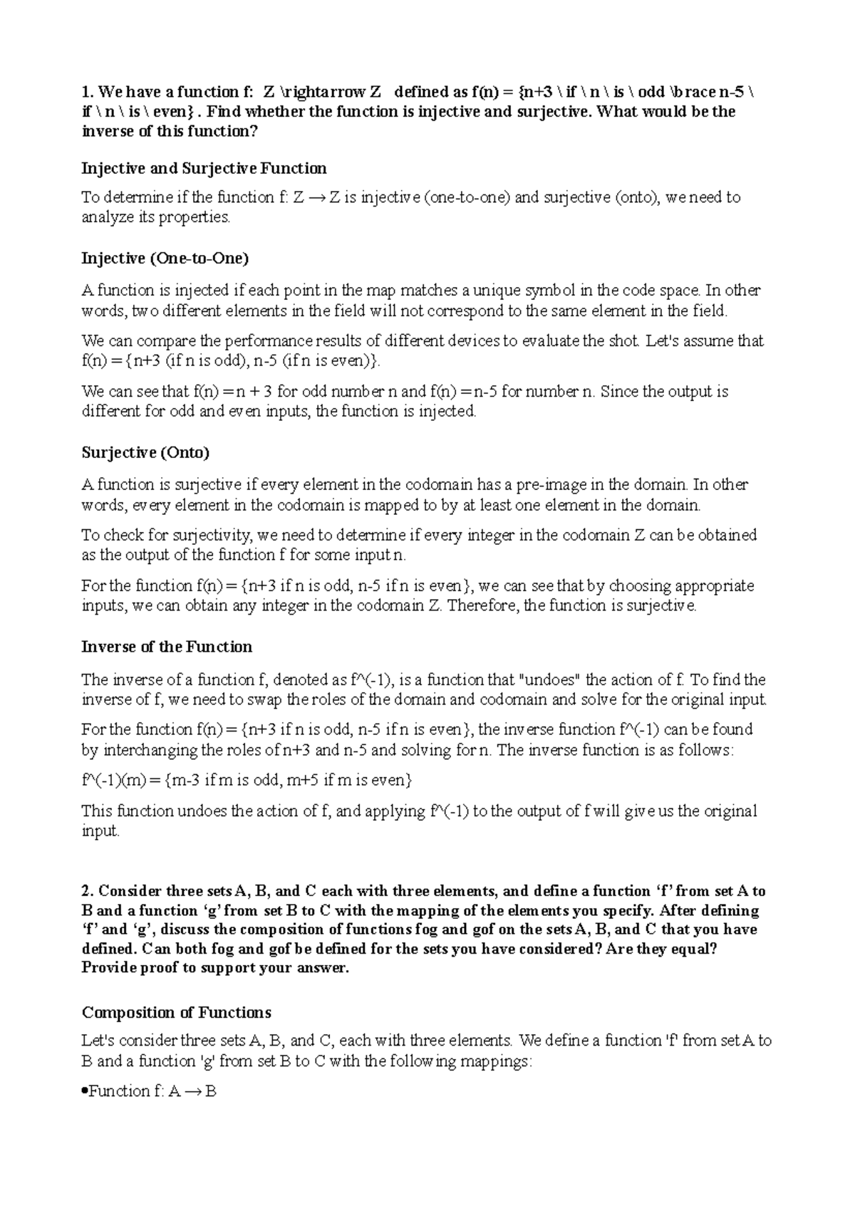 Math 1302 Assignment Unit 2 - We have a function f: Z \rightarrow Z defined as f(n) = {n+3 \ if ...