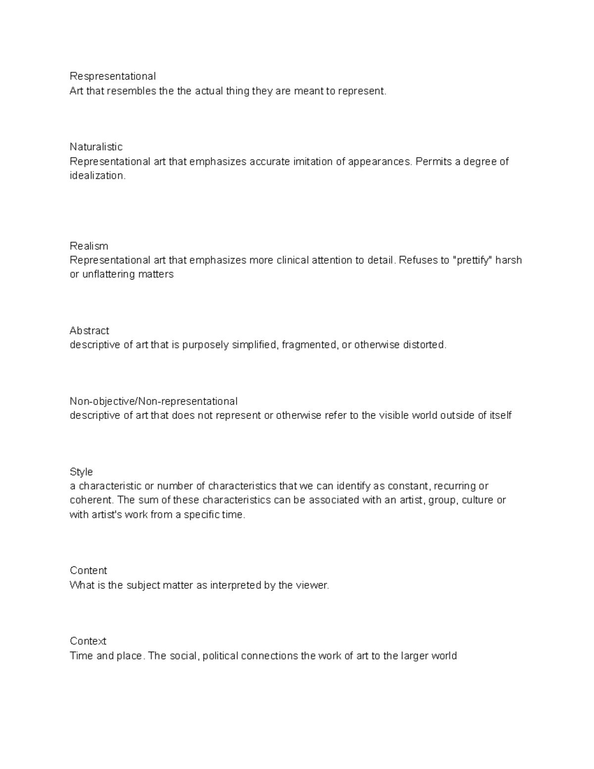 Introduction To Art Quiz 1 Respresentational Art That Resembles The