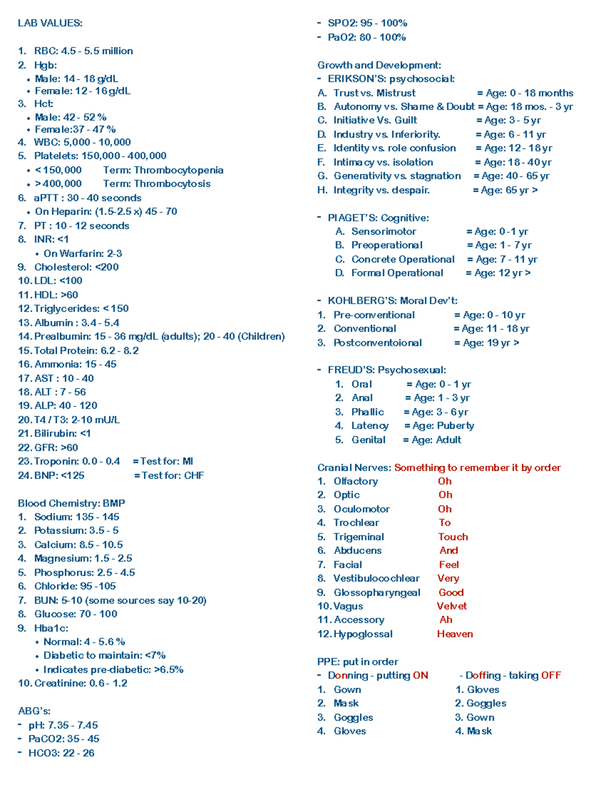 Practice test Answers pdf - LAB VALUES: RBC: 4 - 5 million Hgb: Male ...