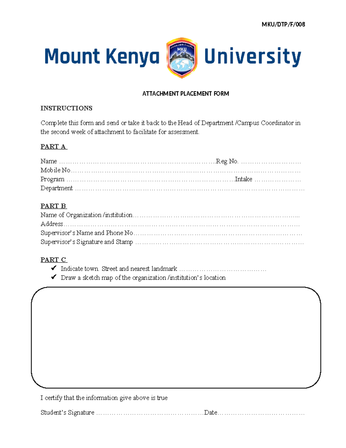 Attachment Placement FORM - MKU/DTP/F/ ATTACHMENT PLACEMENT FORM ...