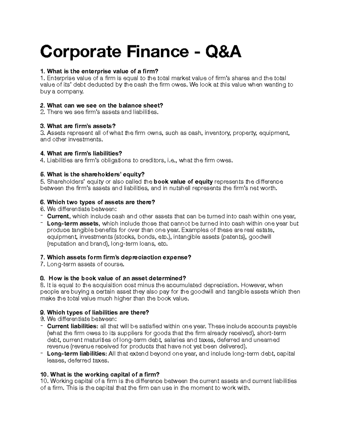 Corporate Finance Qand A - Corporate Finance - Q&A What is the ...
