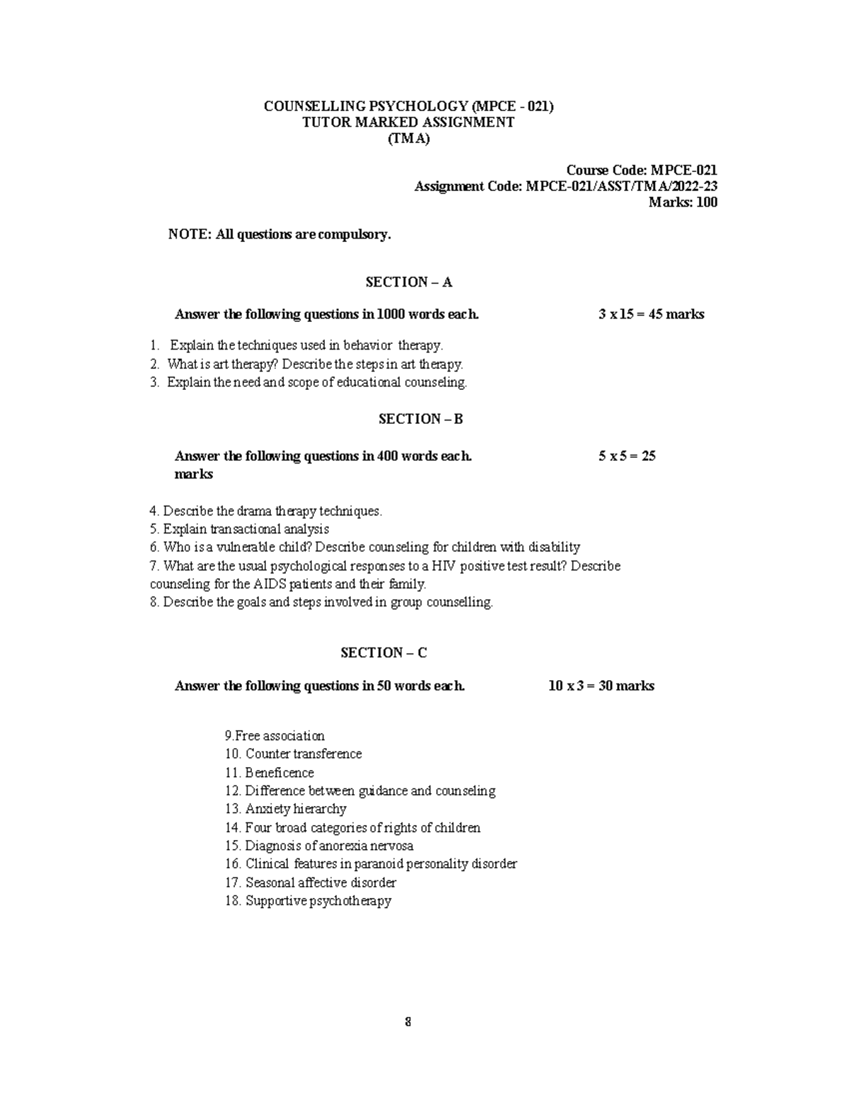 TMA Papers - 8 COUNSELLING PSYCHOLOGY (MPCE - 021) TUTOR MARKED ...