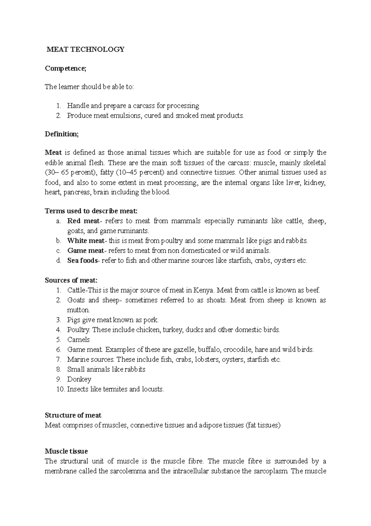 Meat tech notes - MEAT TECHNOLOGY Competence; The learner should be ...