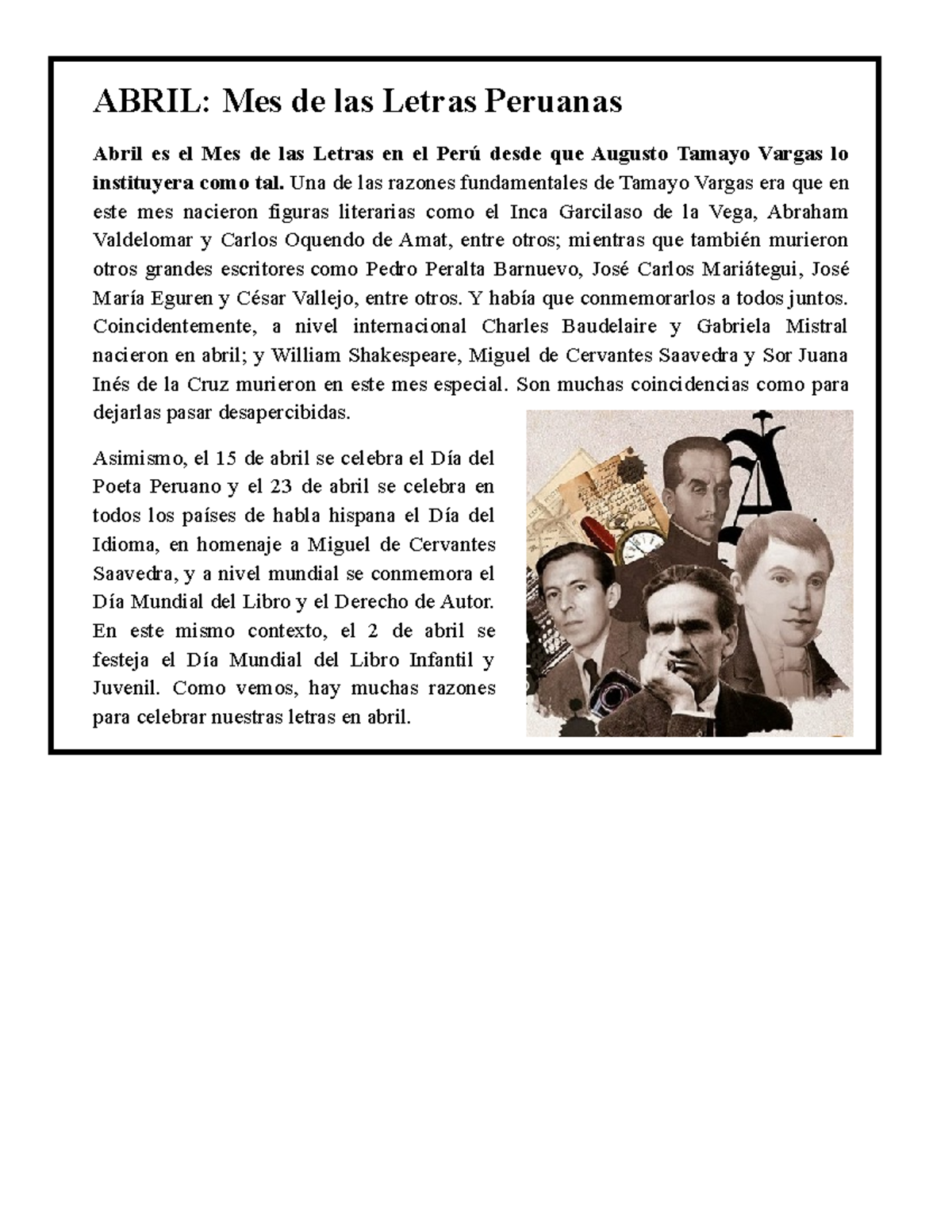 Periodico mural abril - ABRIL: Mes de las Letras Peruanas Abril es el ...