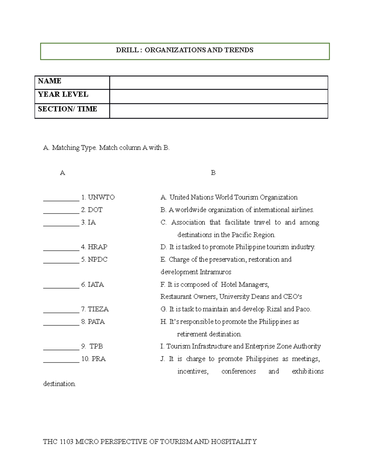 M7- Drill Organizations - A. Matching Type. Match column A with B. A B ...