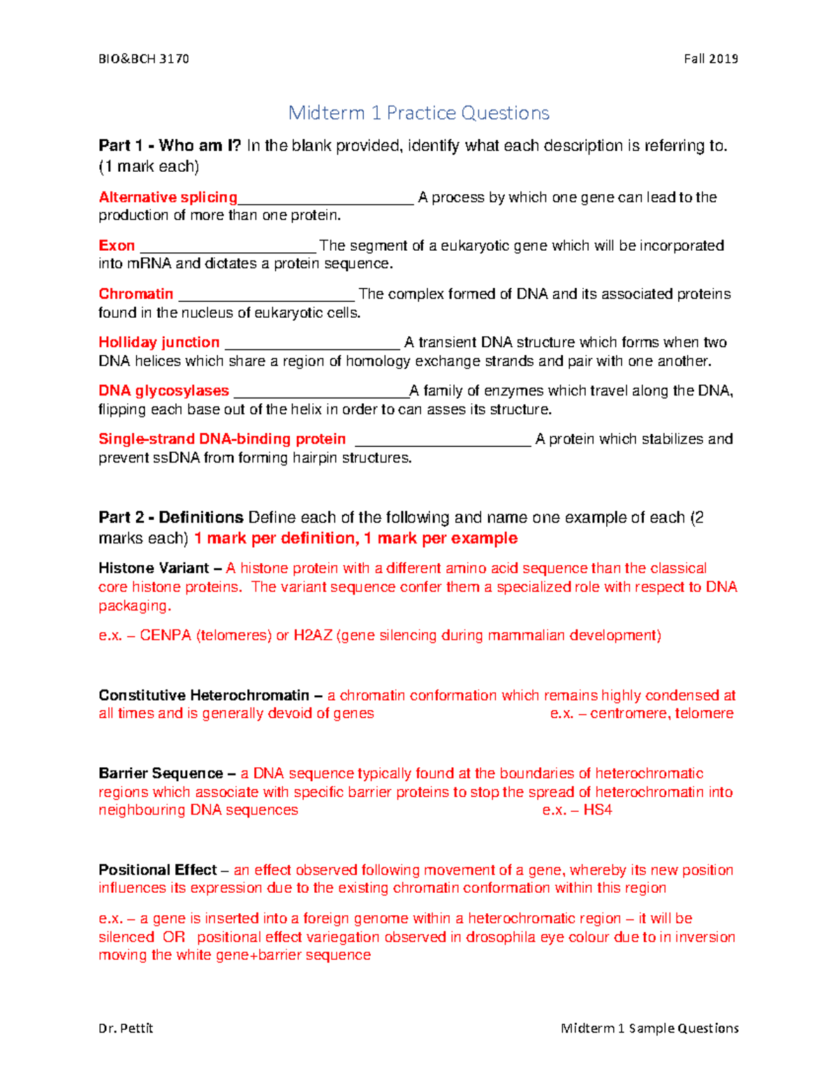 Module 2 BIO3170 Sample questions - Midterm 1 Solutions - Midterm 1 Practice Questions Part 1 ...