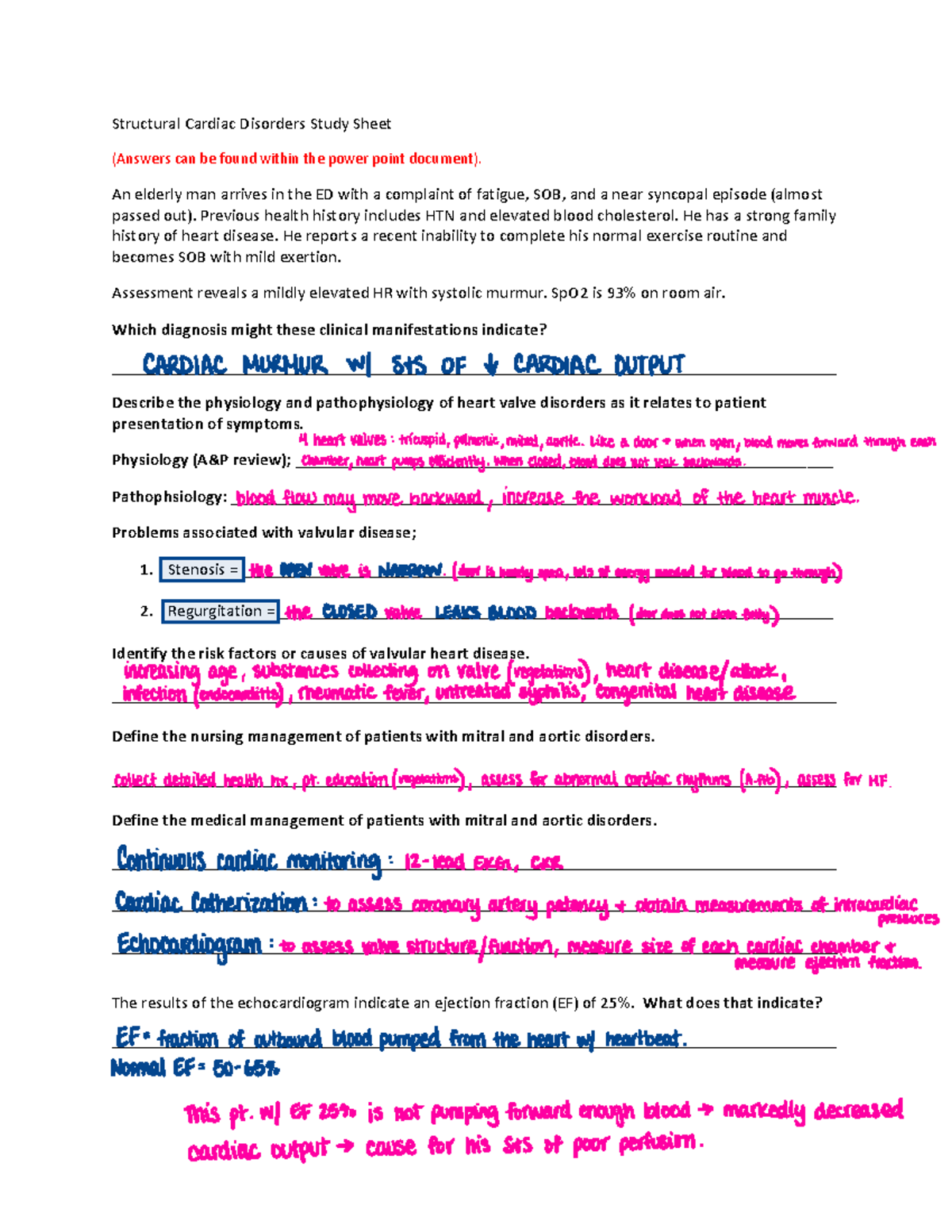 7. Structural Cardiac Disorders Study Sheet - Structural Cardiac ...