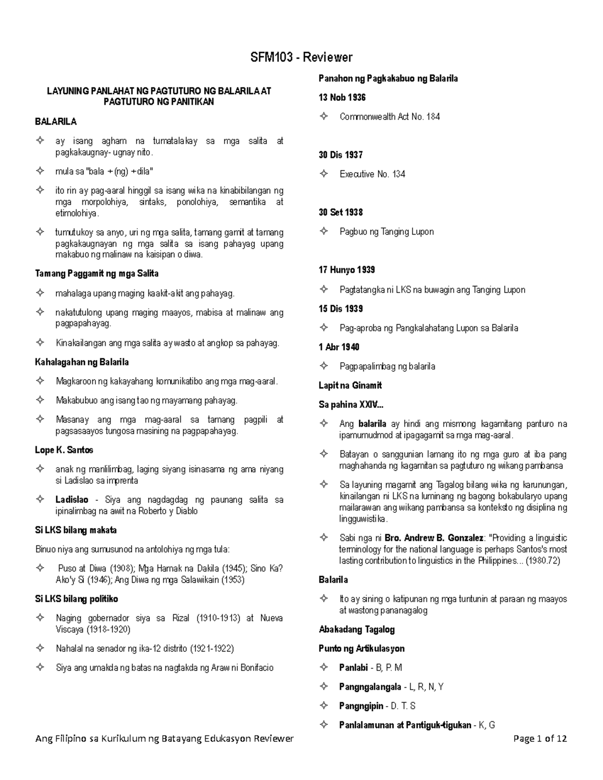 SFM103- Reviewer - SFM103 - Reviewer LAYUNING PANLAHAT NG PAGTUTURO NG ...