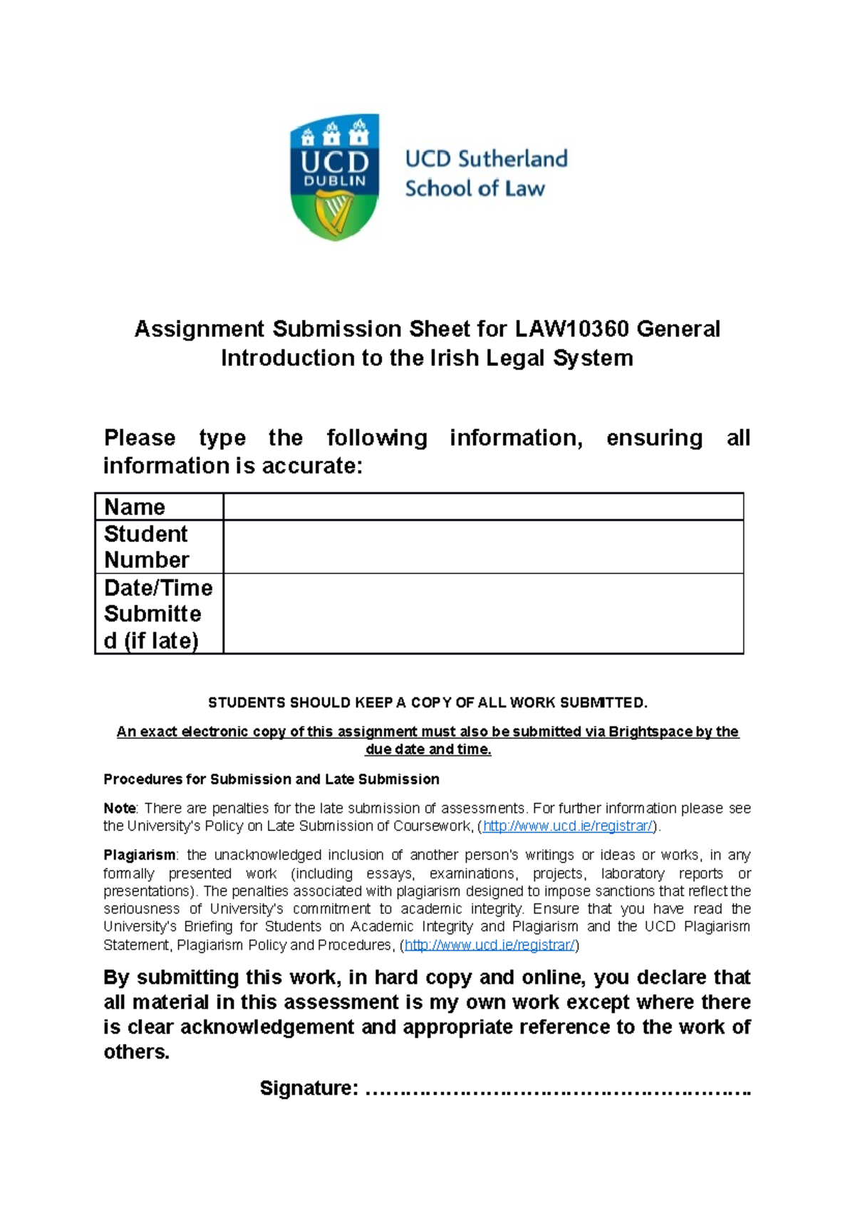 Assignment Submission Sheet for LAW10360 2020 - An exact electronic ...