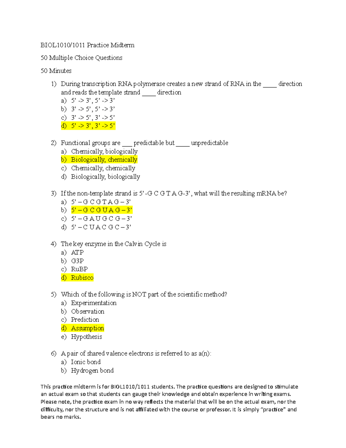 Mock Midterm Answers - Annette Tavares - BIOL1010/1011 Practice Midterm 50 Multiple Choice ...