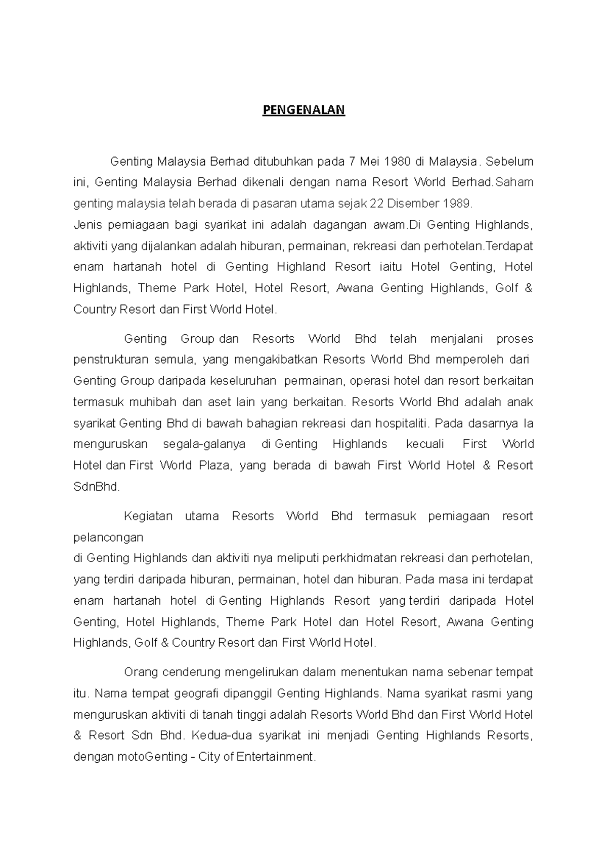 Final Report Genting - managment - PENGENALAN Genting Malaysia Berhad ...