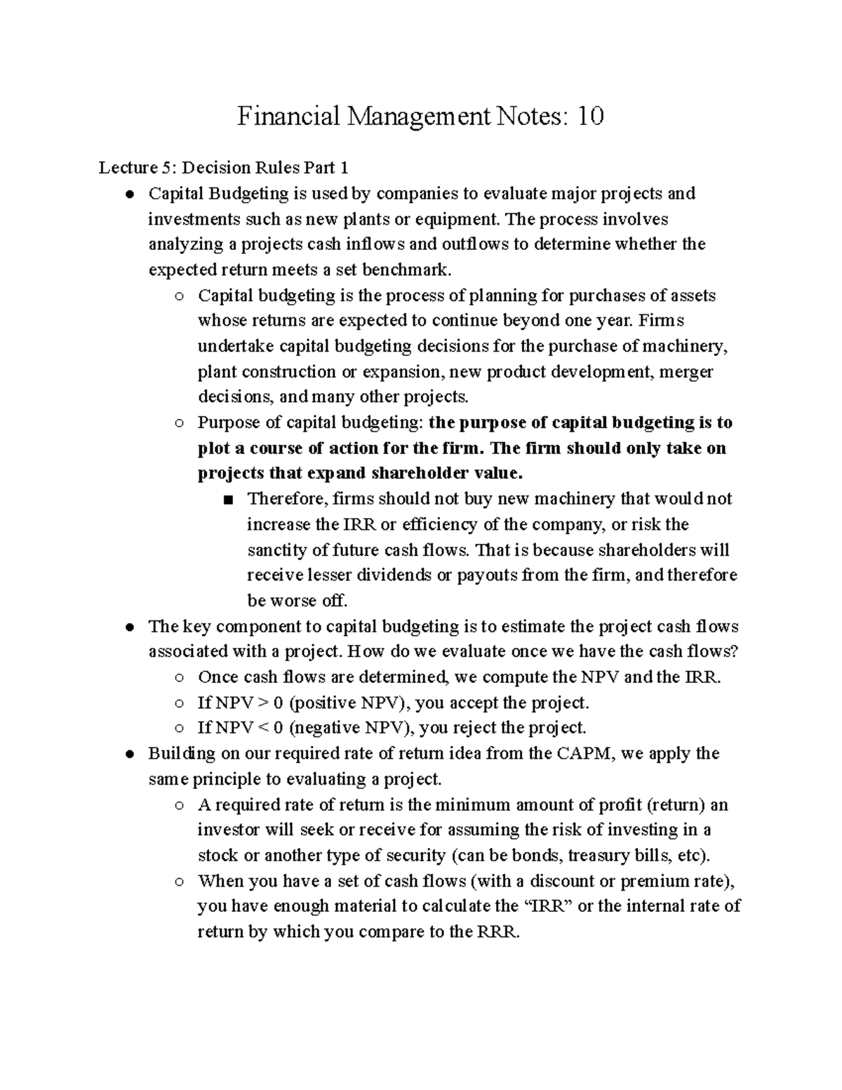 FINA3000 - Notes 10 - Financial Management Notes: 10 Lecture 5 ...