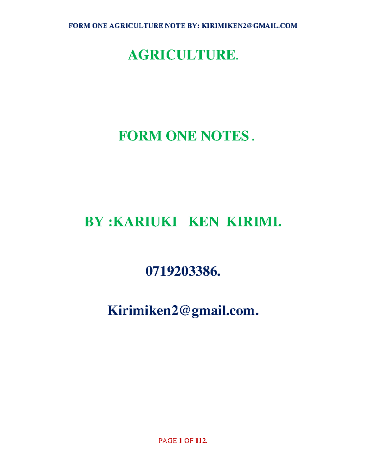 Agriculture notes form 1 - FORM ONE AGRICULTURE NOTE BY: KIRIMIKEN2 ...