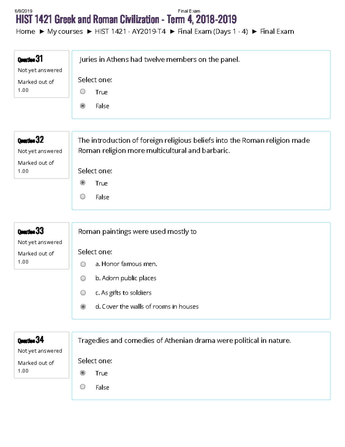 History Greek & Roman Civilization Final Exam - Home My courses HIST ...