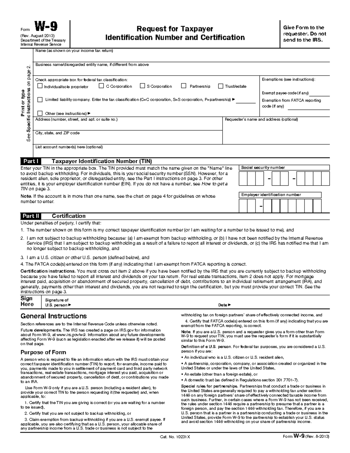 W-9 - Form W- (Rev. August 2013) Department of the Treasury Internal ...