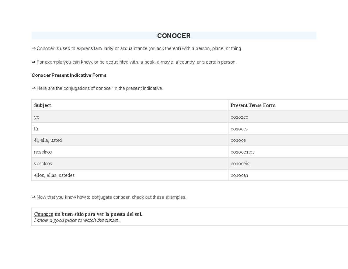 Conocer - Additional notes - CONOCER ⇒ Conocer is used to express ...