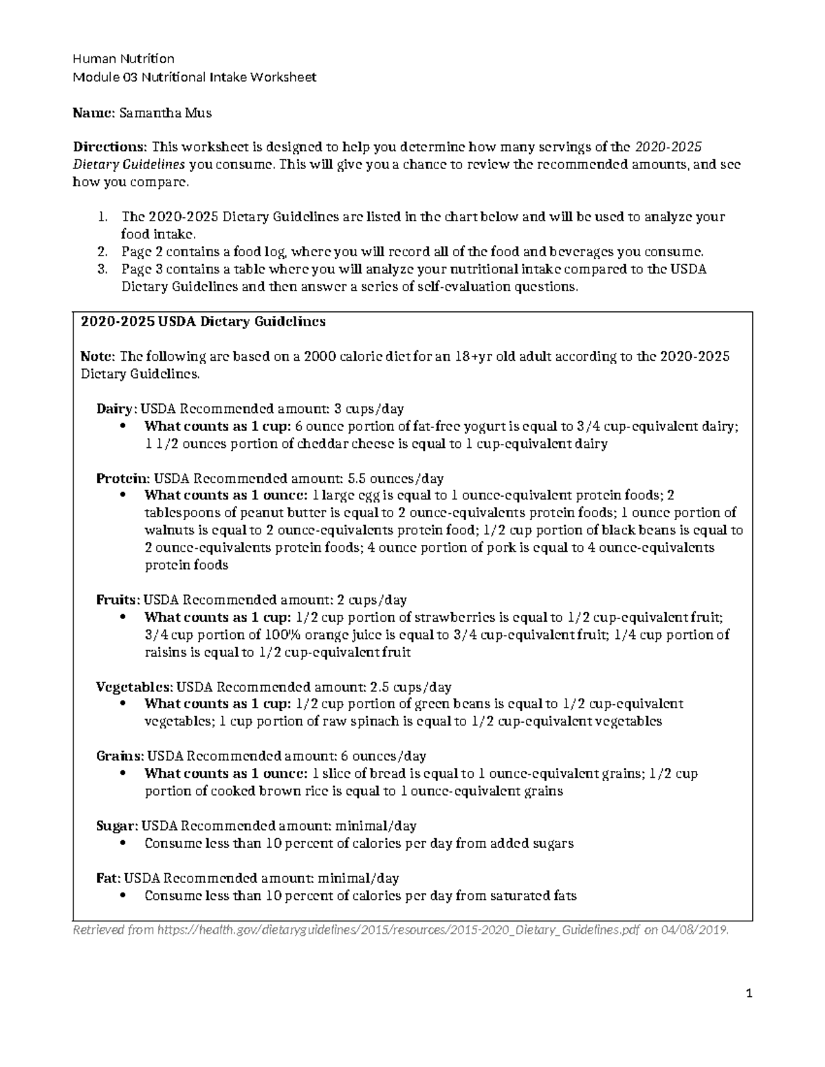 nutritional intake - Module 03 Nutritional Intake Worksheet Name ...