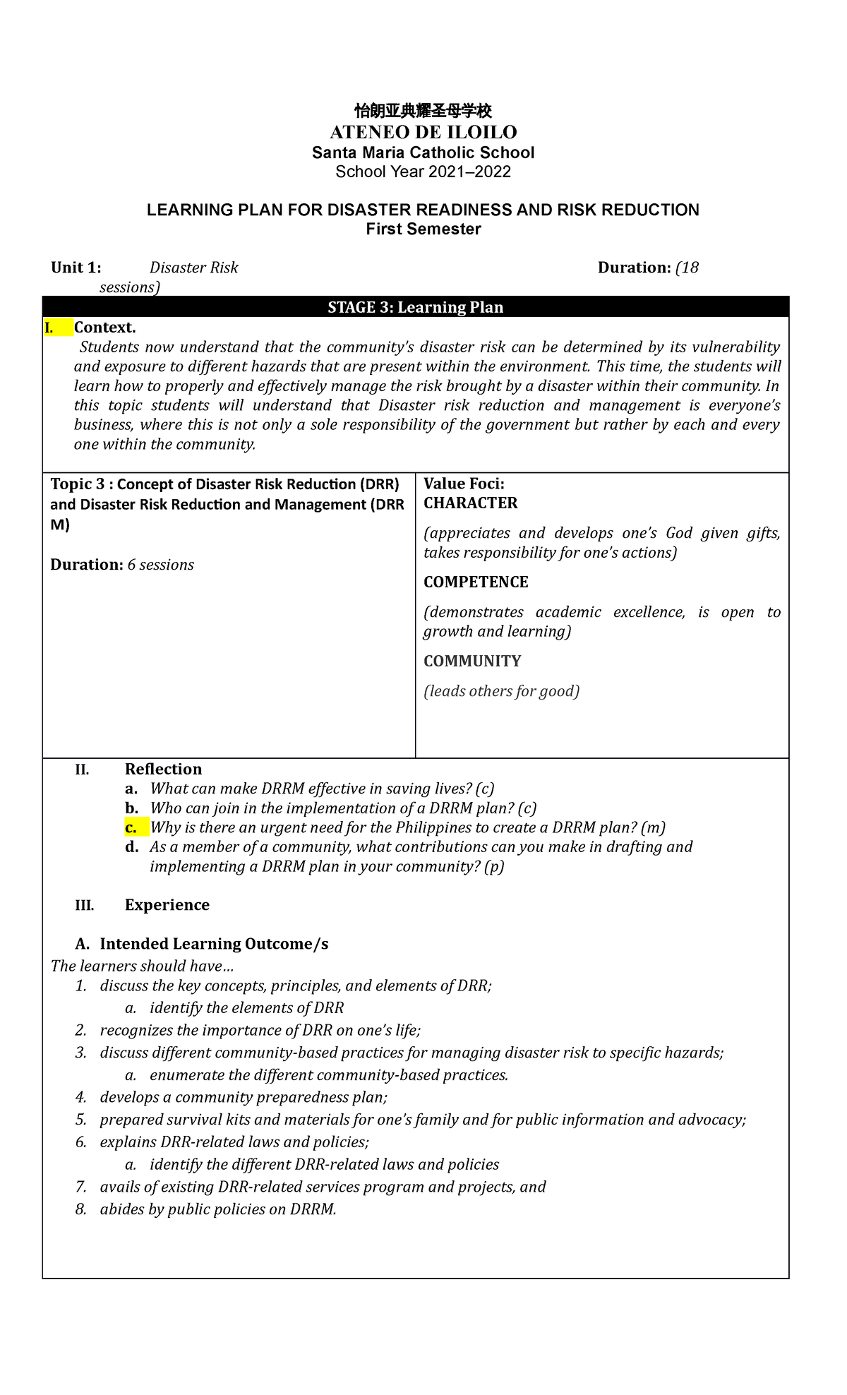 LP-Topic 3 - DRR and DRRM - 怡朗亚典耀圣母学校 ATENEO DE ILOILO Santa Maria ...