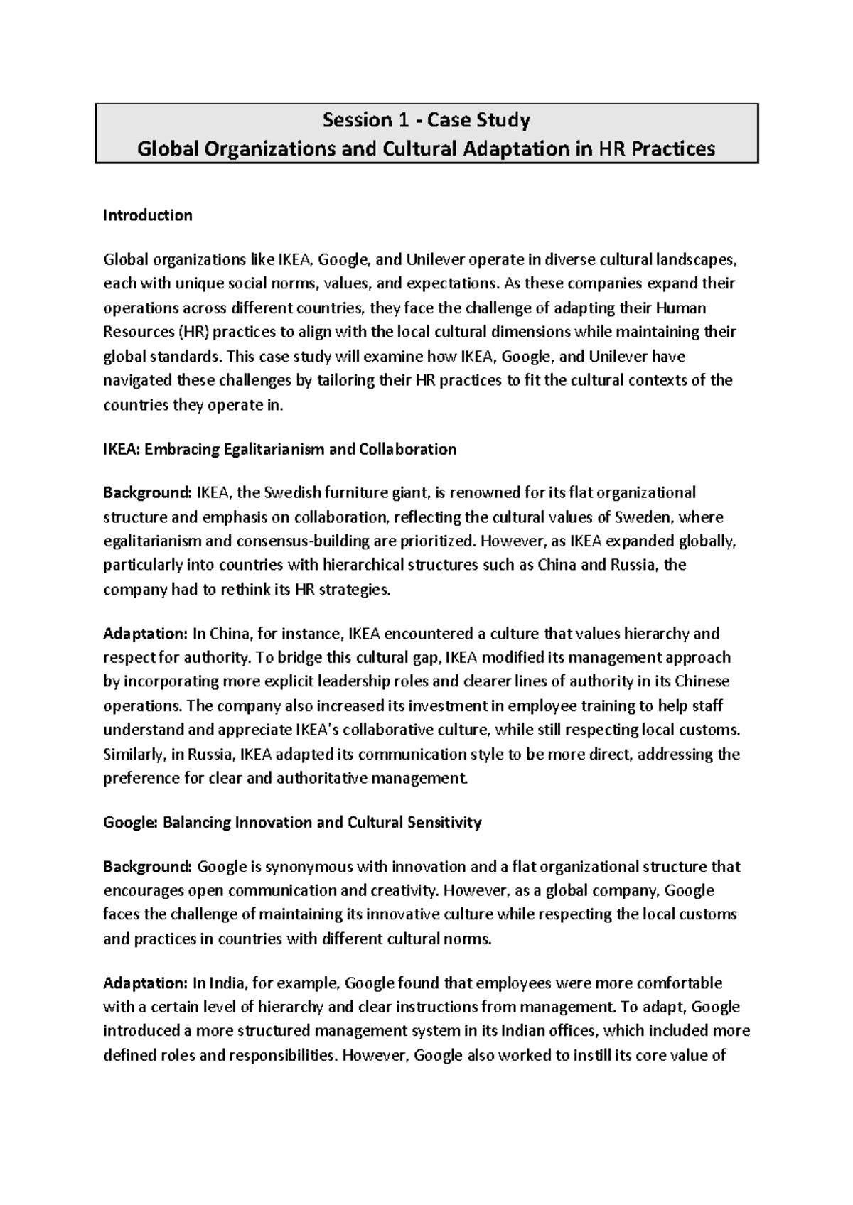 Case study Session 1 - Session 1 - Case Study Global Organizations and ...