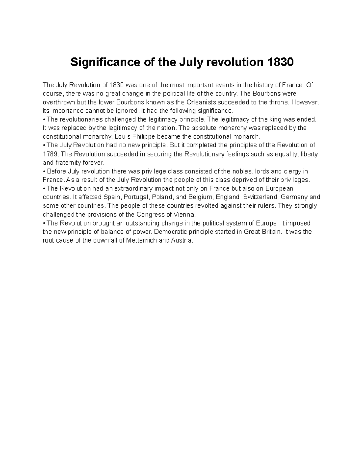 Significance of the July revolution 1830 - Of course, there was no ...