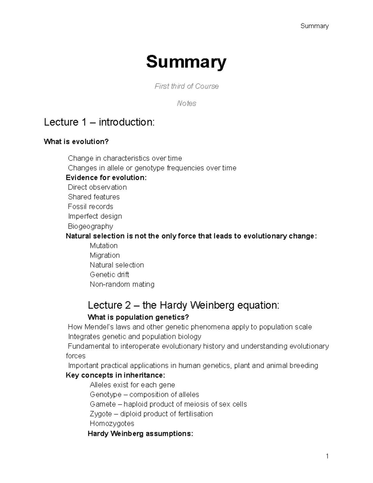 Summary 1 3 - Summary First third of Course Notes Lecture 1 ...