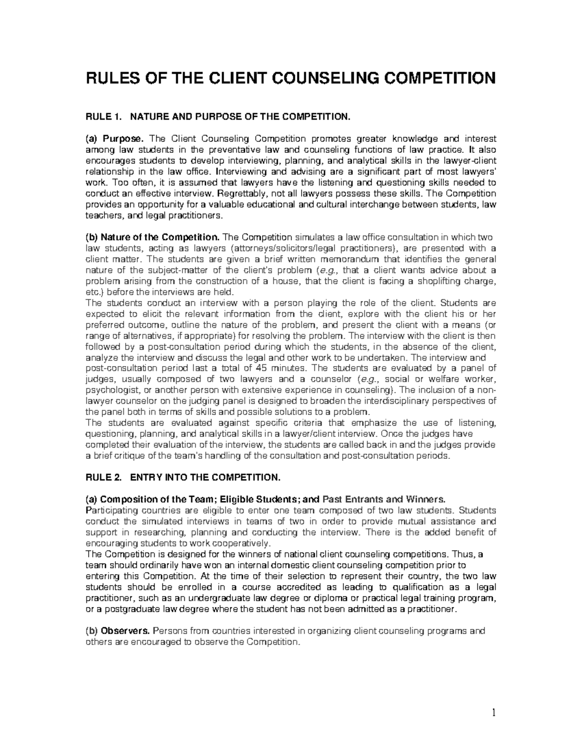 Rules of the Client Interviewing and Counseling Competition - RULES OF ...