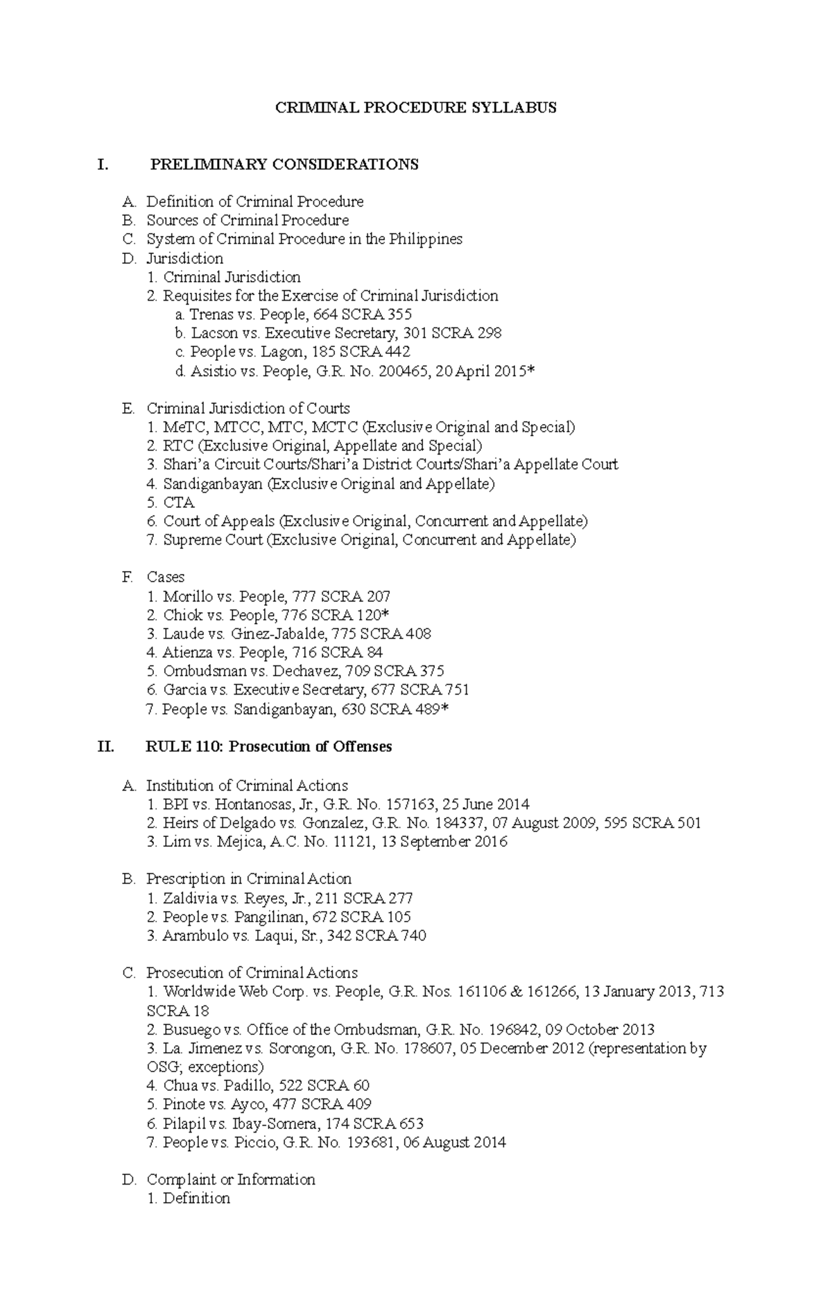 Criminal- Procedure- Syllabus - CRIMINAL PROCEDURE SYLLABUS I ...