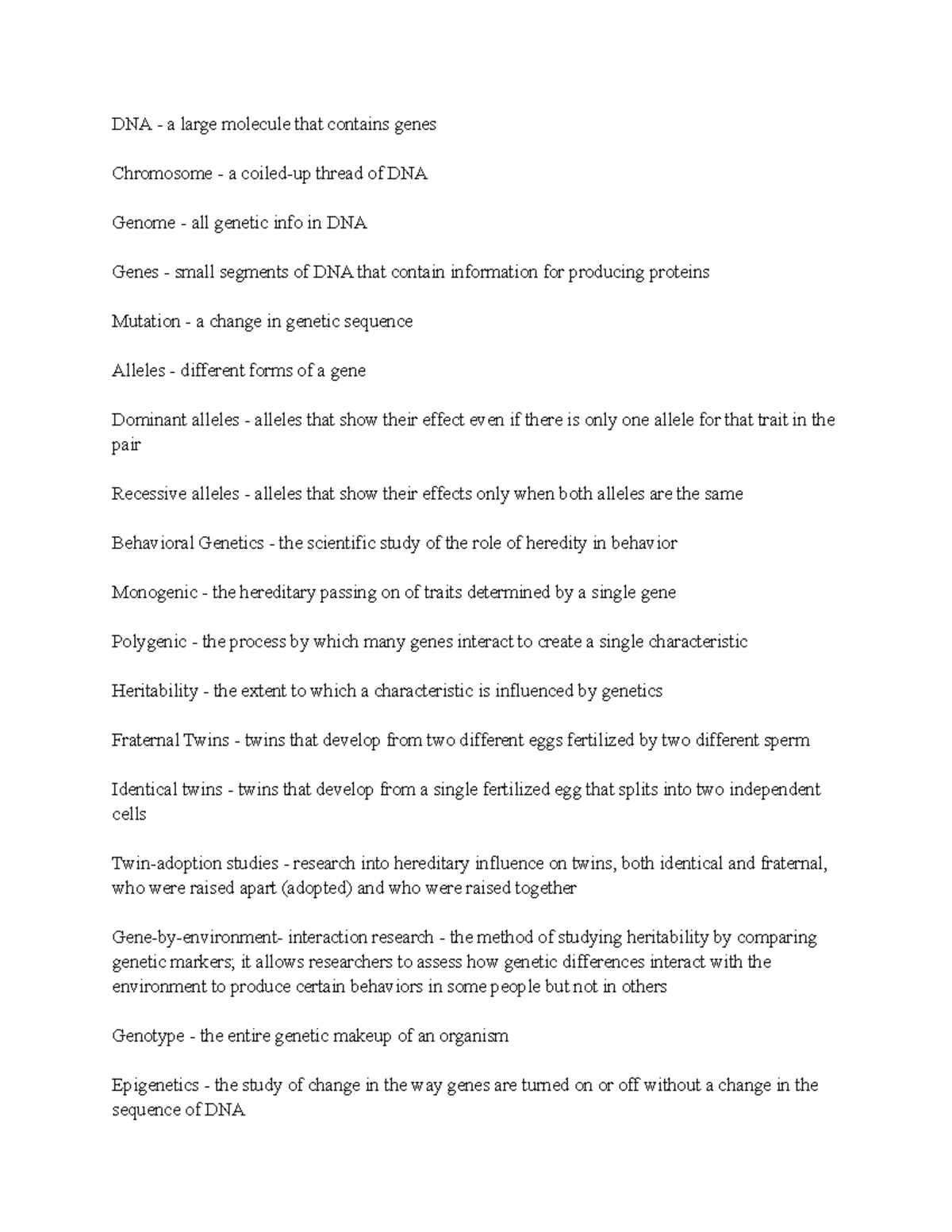 GEN Psych Ch. 3 - Notes - Feist - DNA - a large molecule that contains ...
