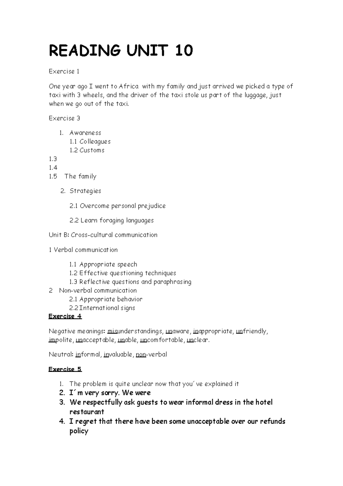 Reading UNIT 10 - Ejercicios de Ingles - READING UNIT 10 Exercise 1 One ...