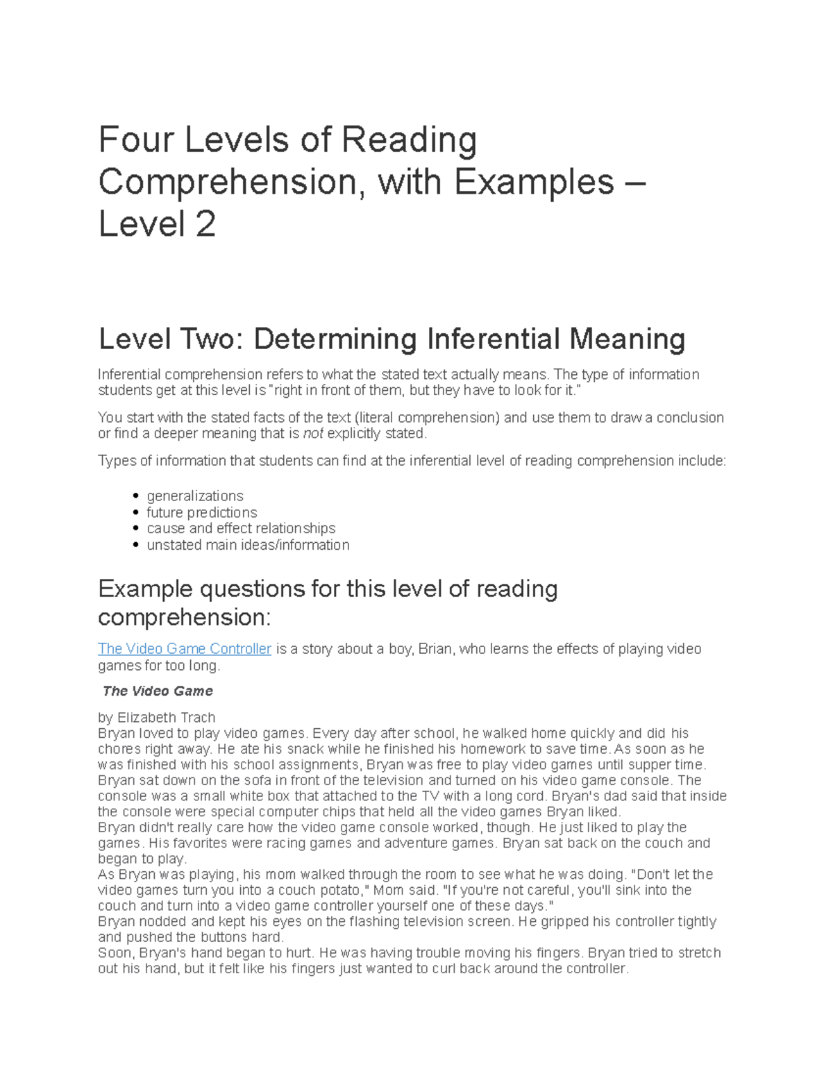 Four Levels of Reading Comprehension Level 2 - Four Levels of Reading ...