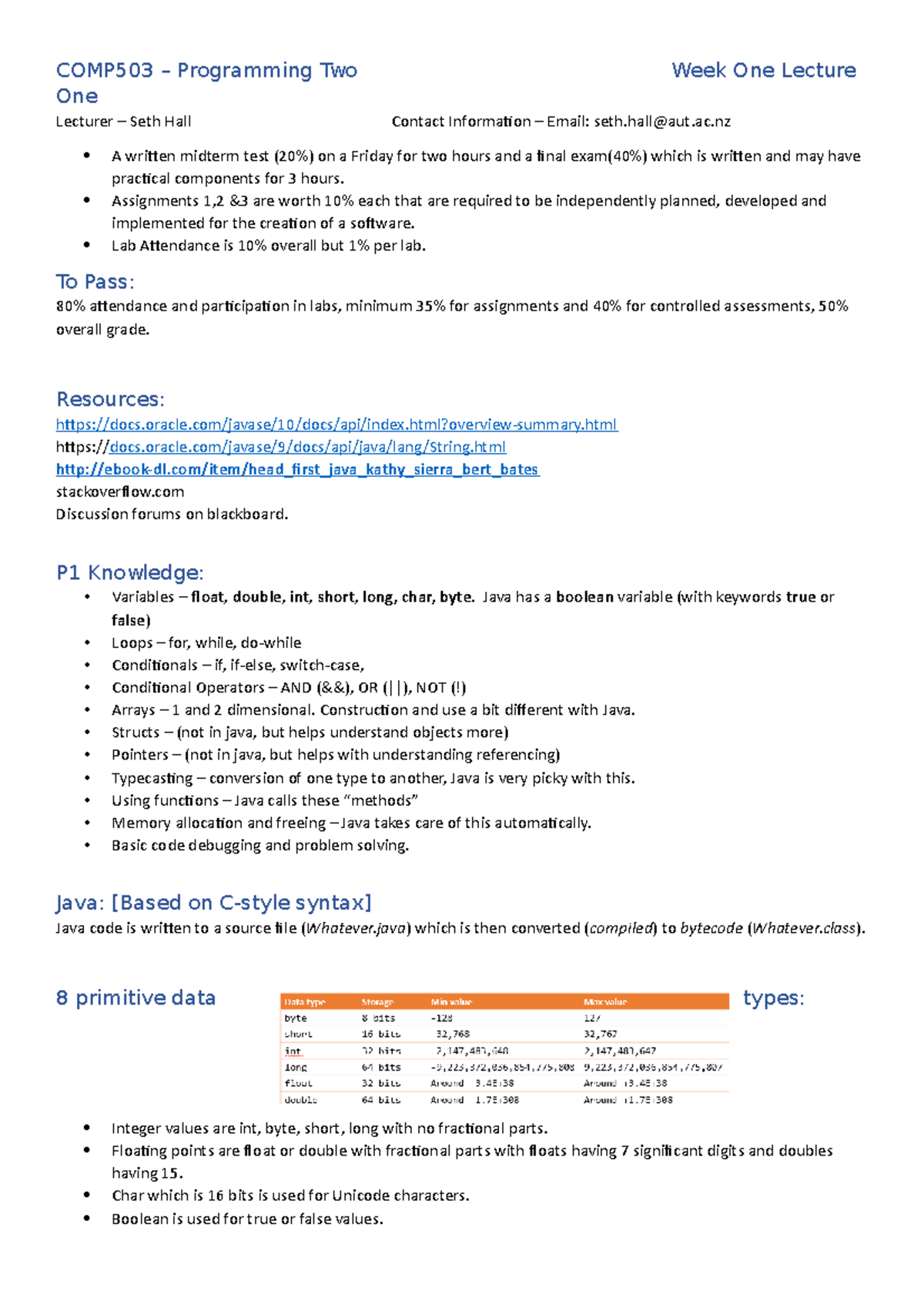 Programming Two Lecture One - COMP503 – Programming Two Week One Lecture One Lecturer – Seth ...