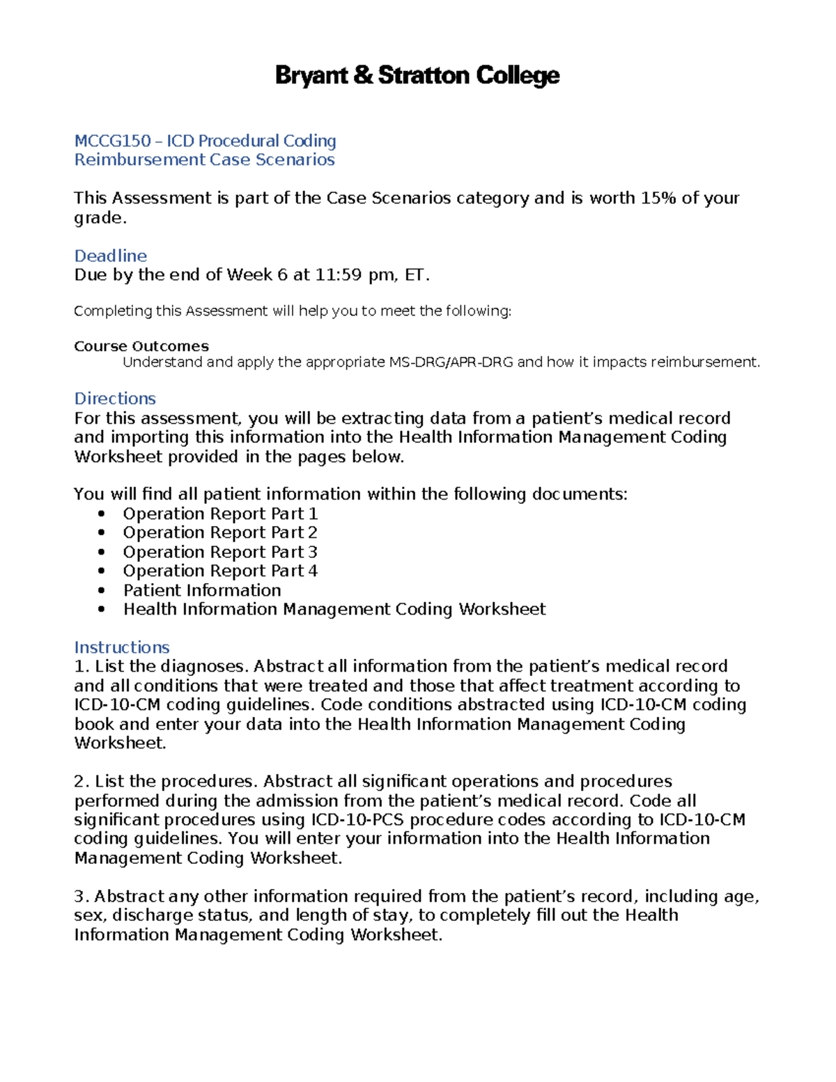 MCCG150 - Reimbursement Case Scenarios K. barnes - MCCG150 – ICD Procedural Coding Reimbursement ...