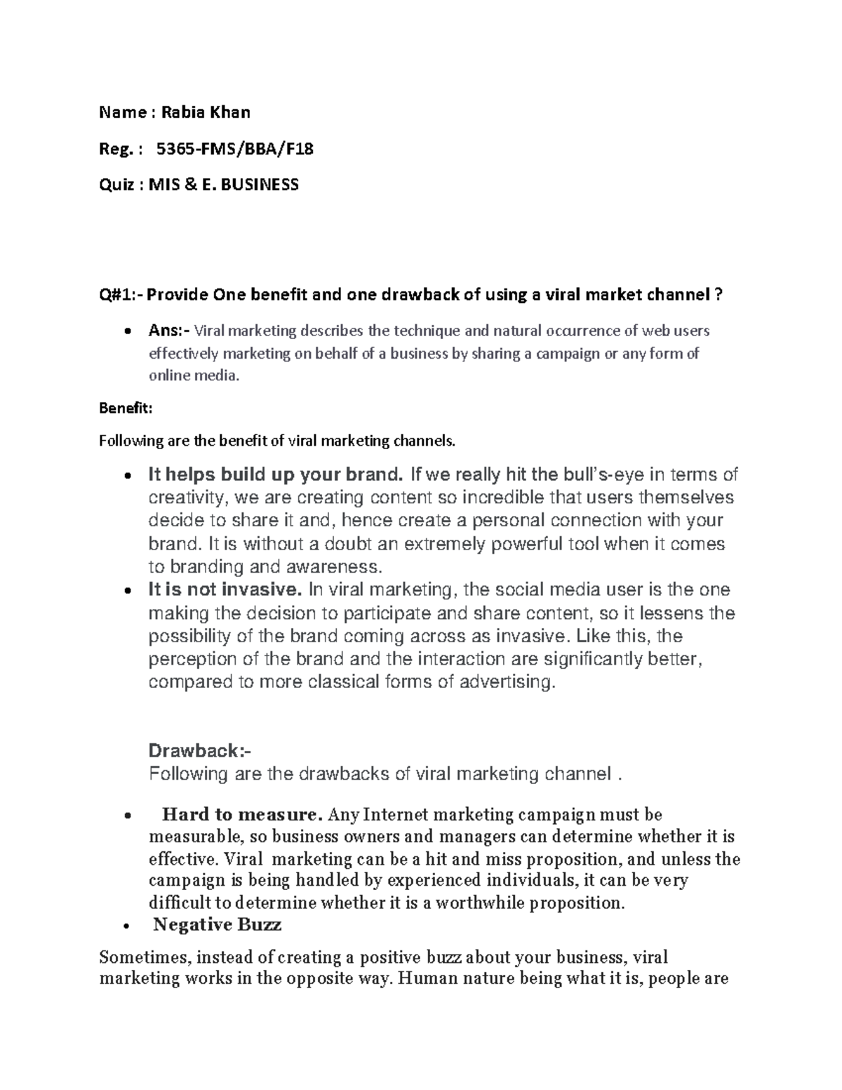 Mi S and E Business quiz Rabia Khan - Name : Rabia Khan Reg. : 5365-FMS ...