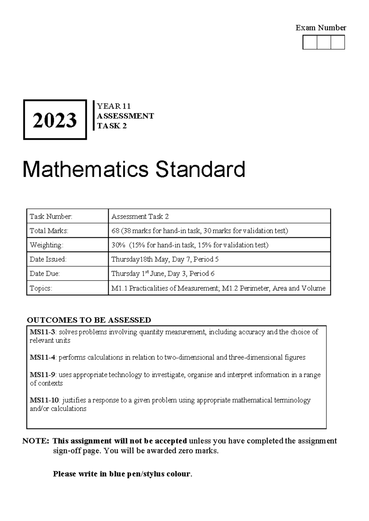 Year 11 Standard Task 2 2023 - Exam Number YEAR 11 ASSESSMENT TASK 2 ...