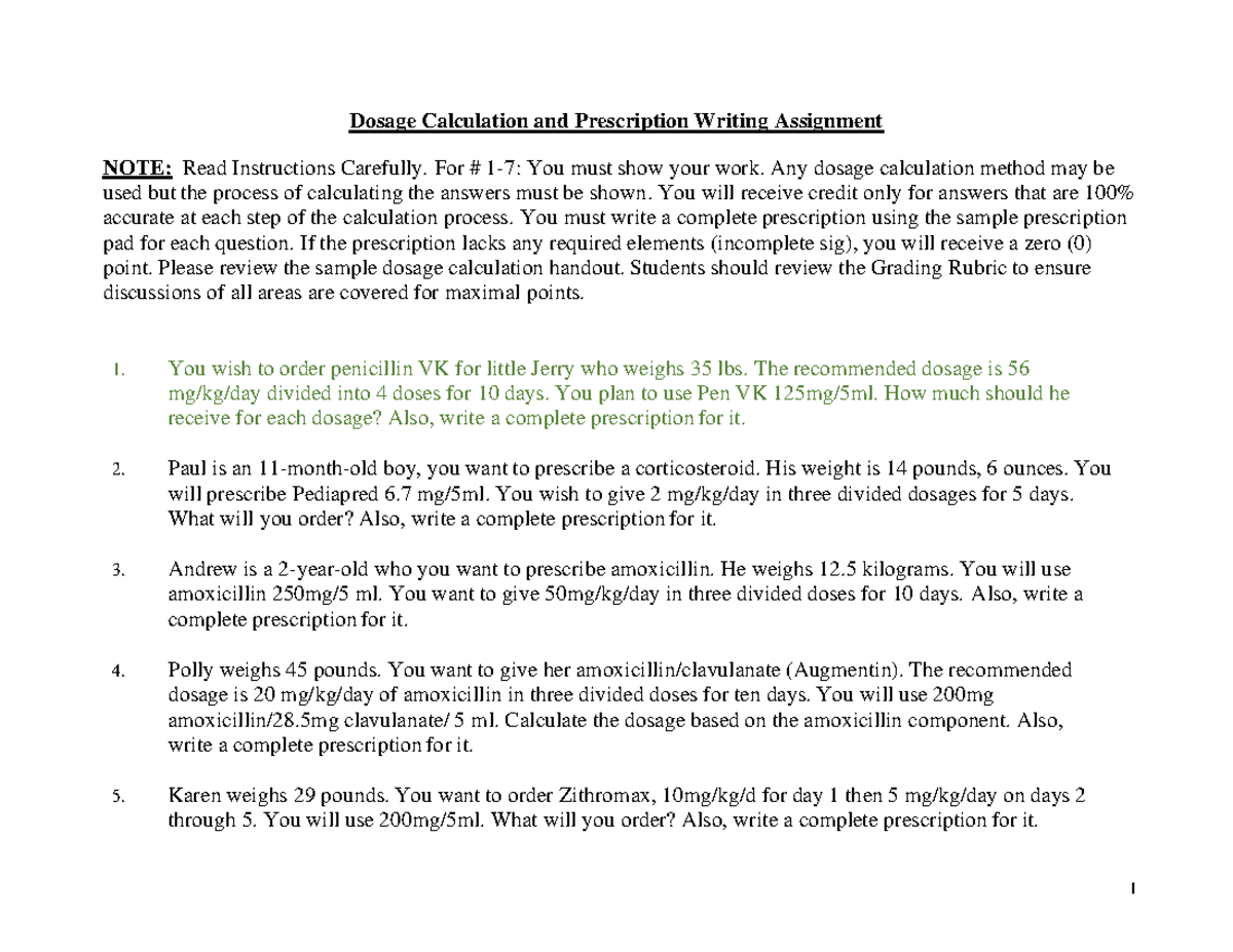 Dosage Calculation Assignment - Dosage Calculation and Prescription ...