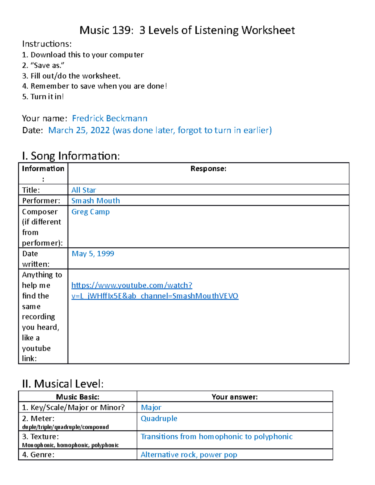 3 Levels of Listening - Assignment #2 (All Star by Smash Mouth) - Music ...