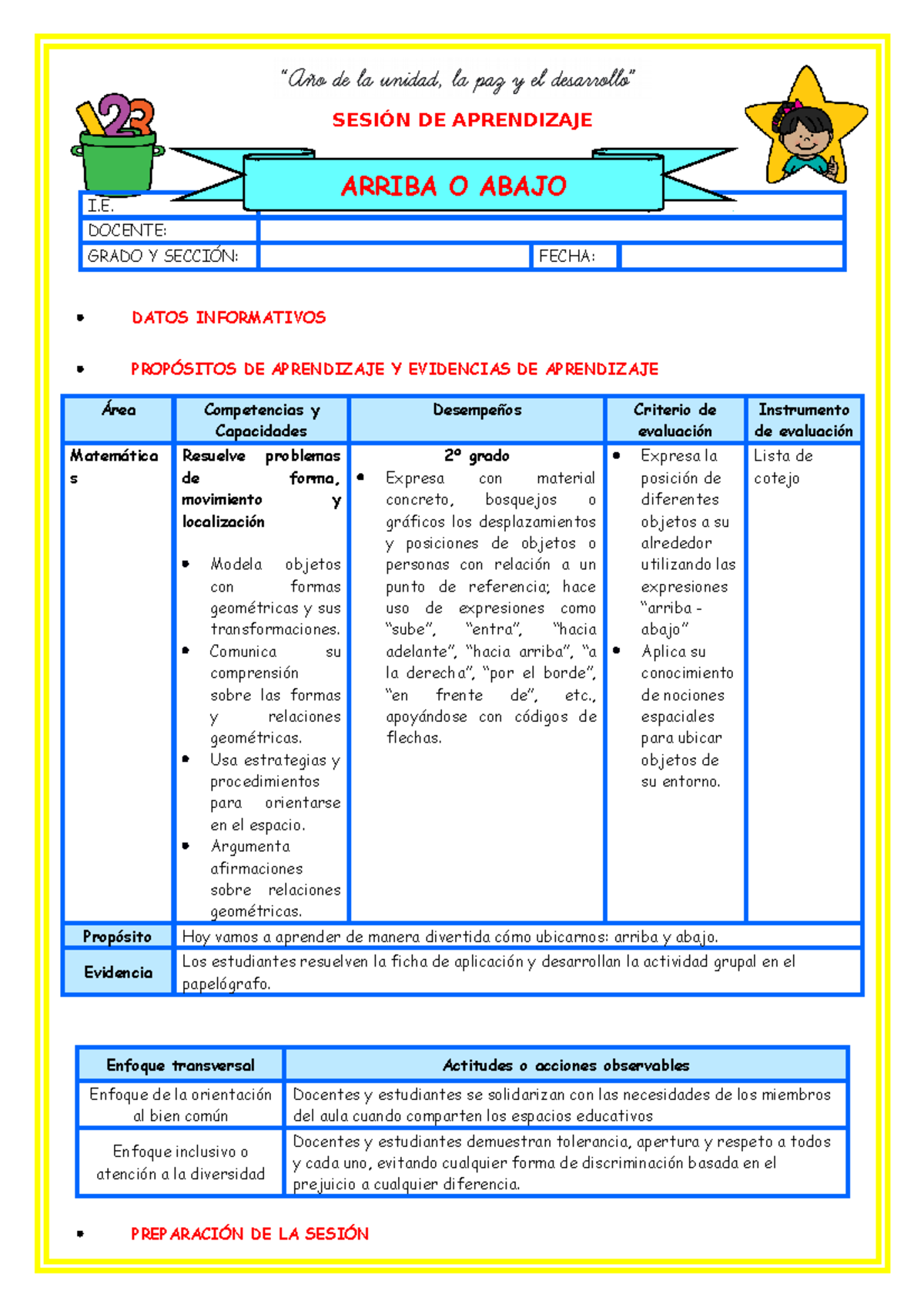 2° E1 Sesion D4 MAT Arriba O Abajo - SESIÓN DE APRENDIZAJE ####### I ...