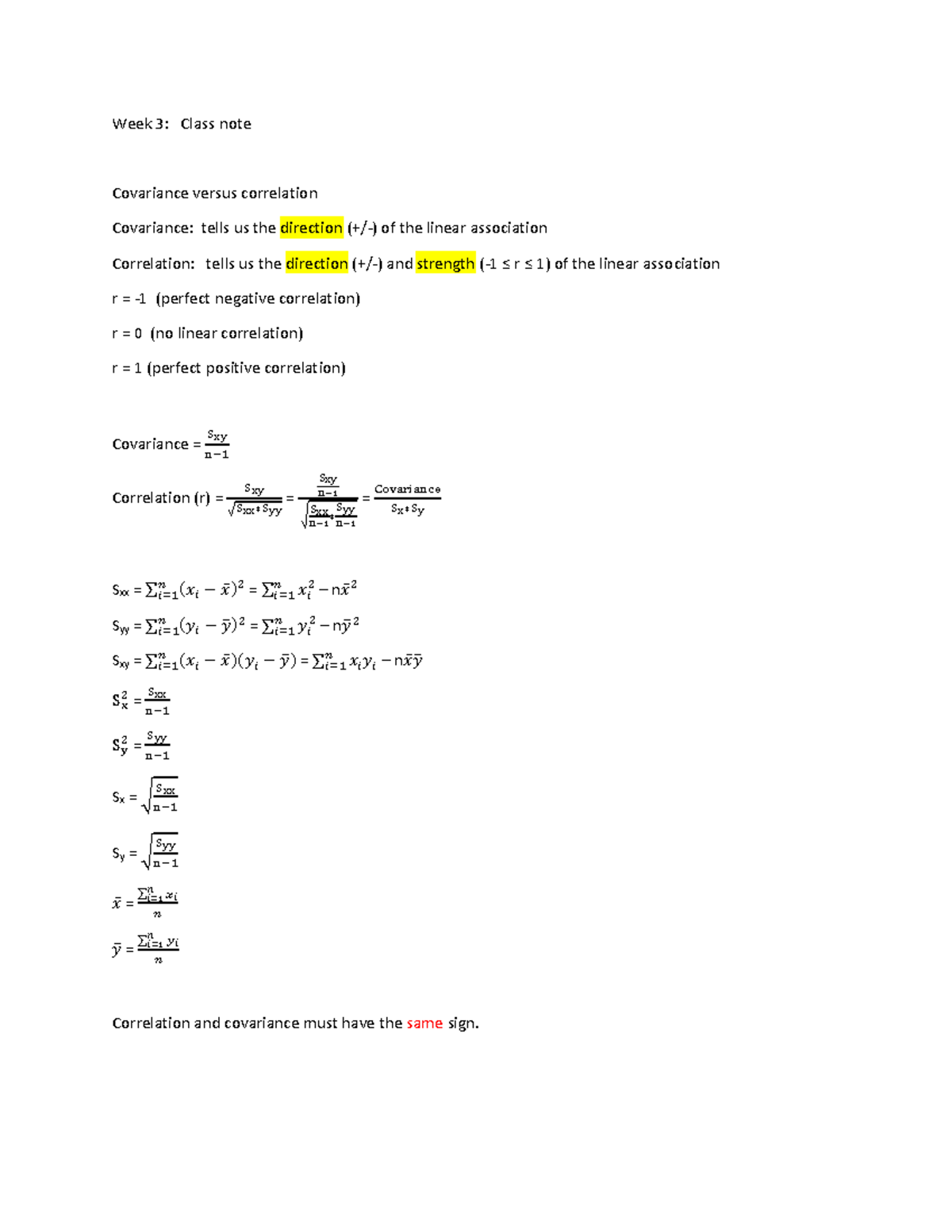 Week 3 - class notes - Week 3: Class note Covariance versus correlation ...