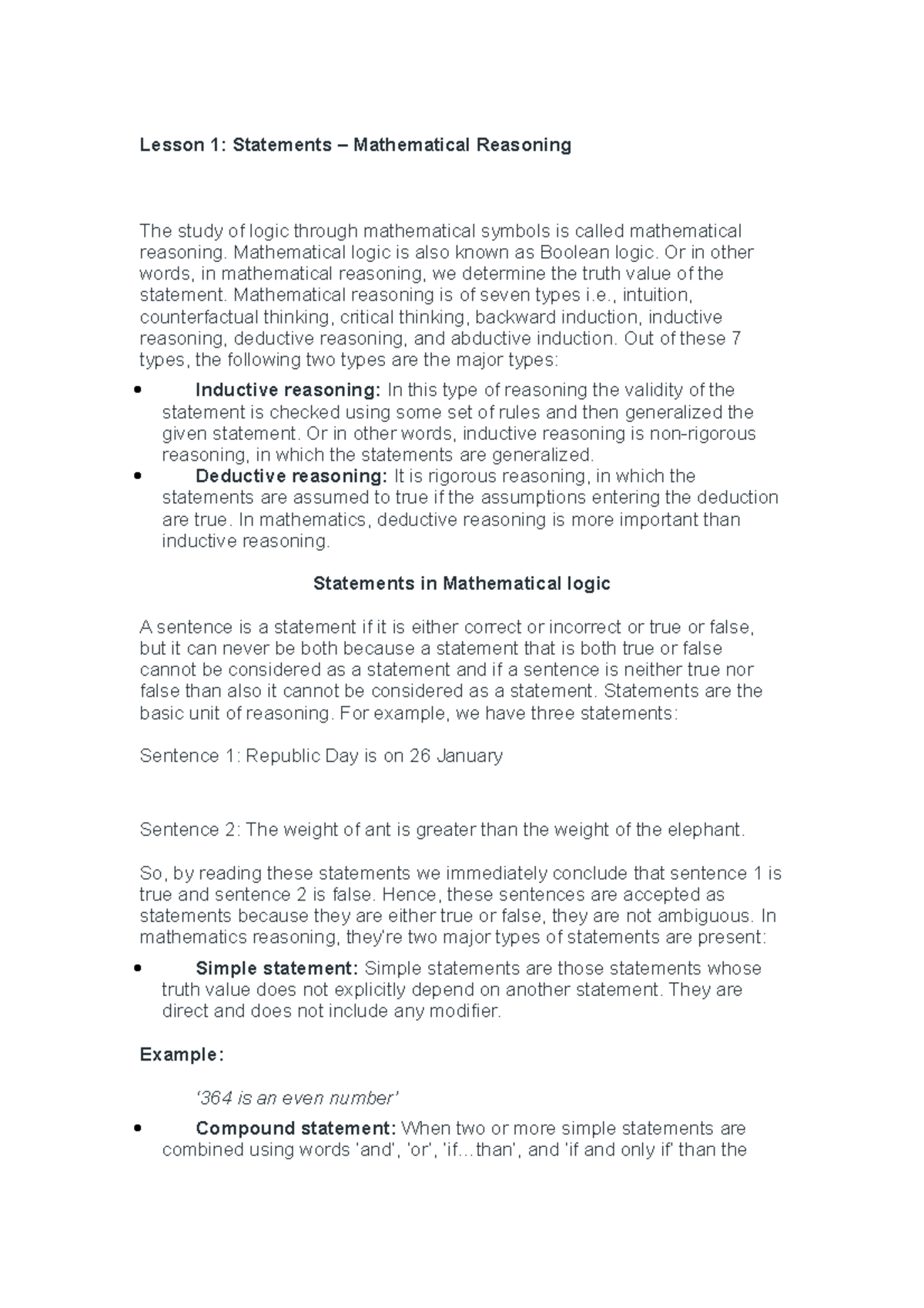 CS223 Lesson 1 Mathematical Reasoning - Lesson 1: Statements ...