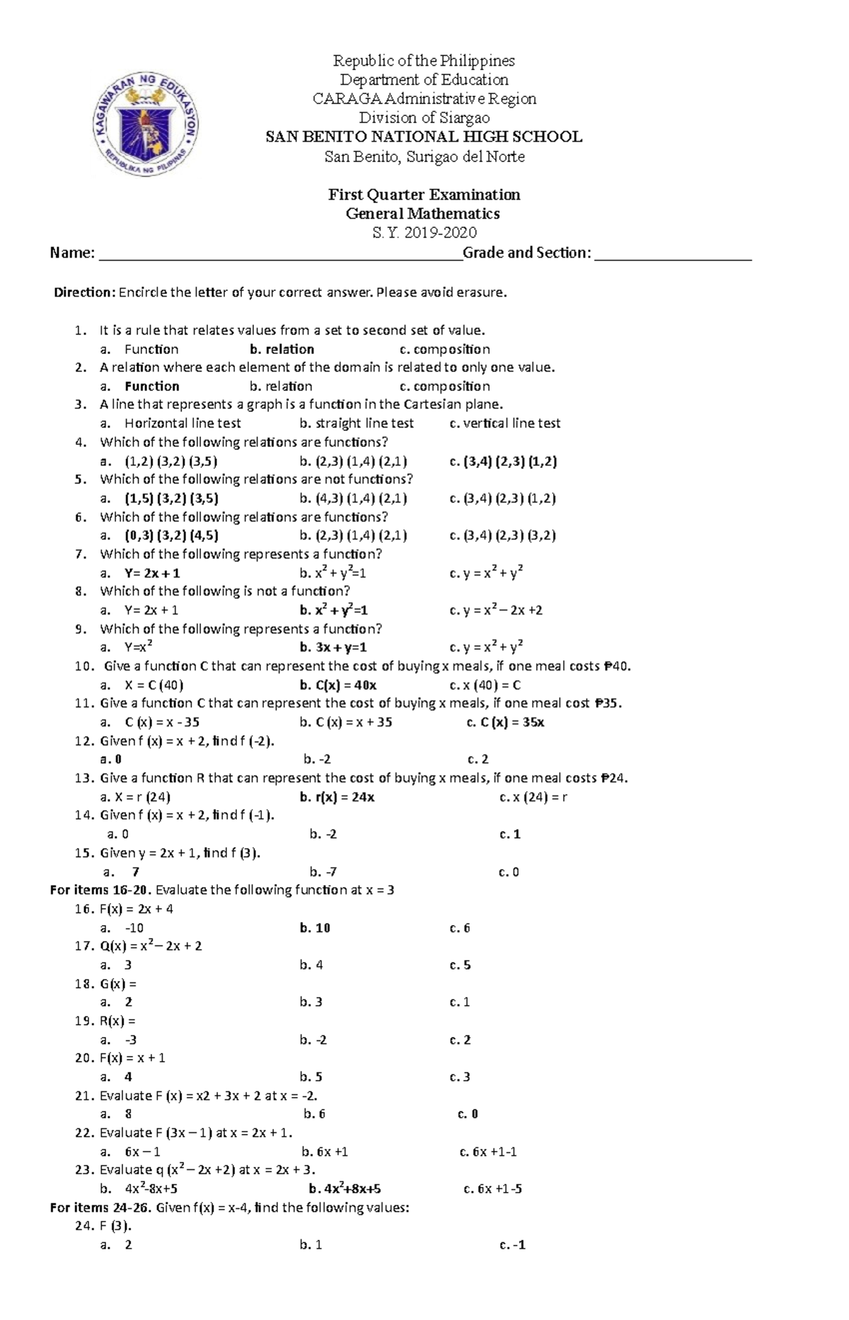 424135407 gen math 1st quarter exam docx - Republic of the Philippines ...