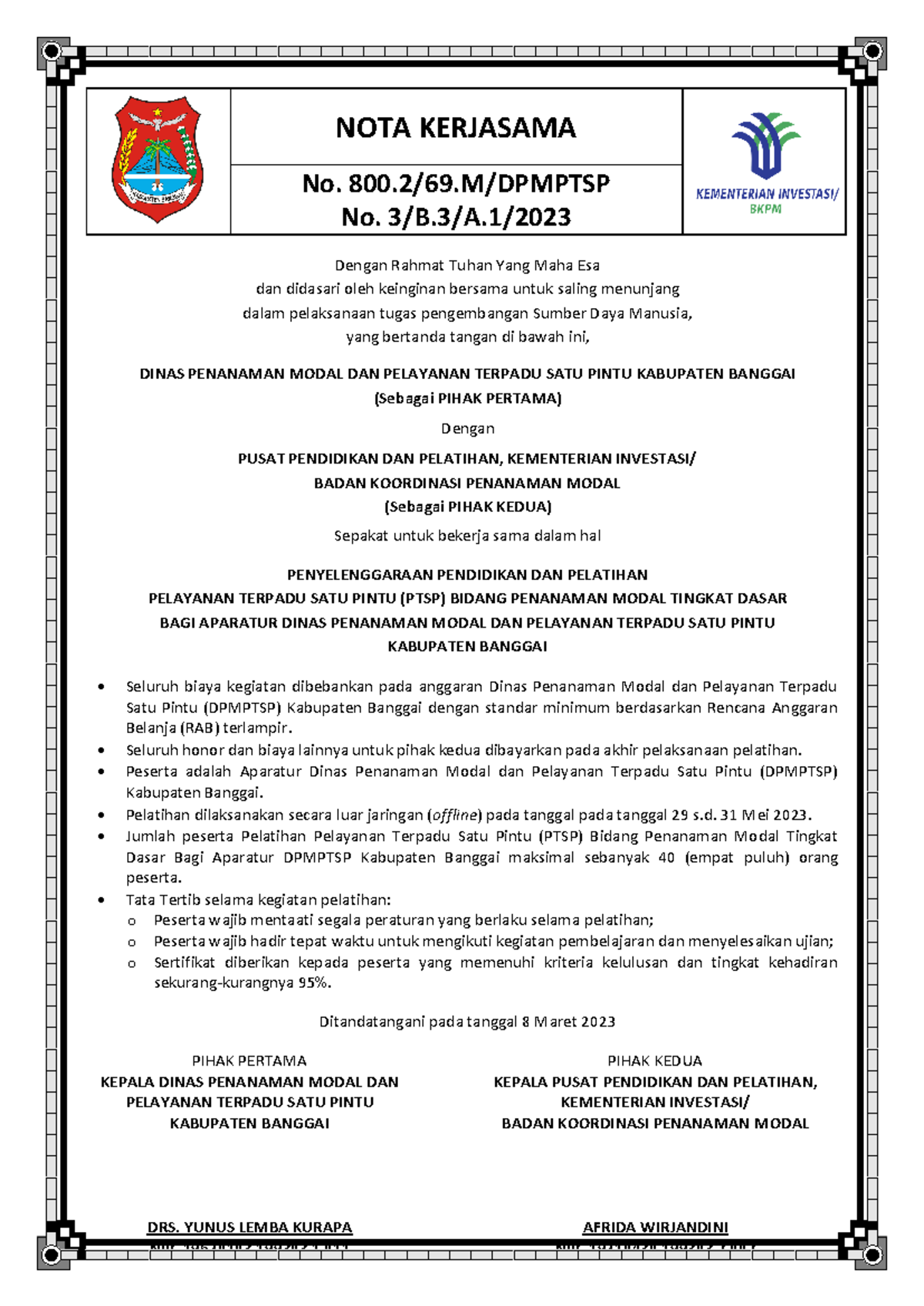 S 96 Lampiran Banggai - note - NOTA KERJASAMA No. 800.2/69/DPMPTSP No ...
