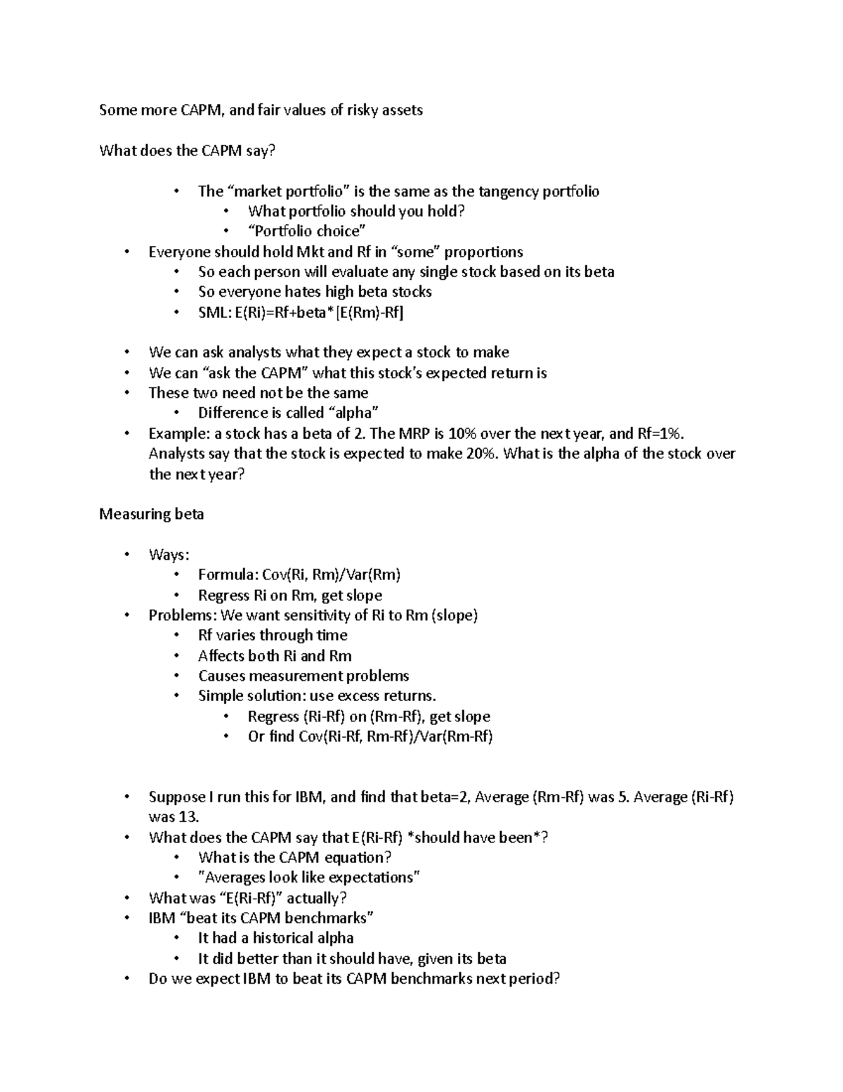 Some more CAPM - Lecture notes 57 - Some more CAPM, and fair values of ...