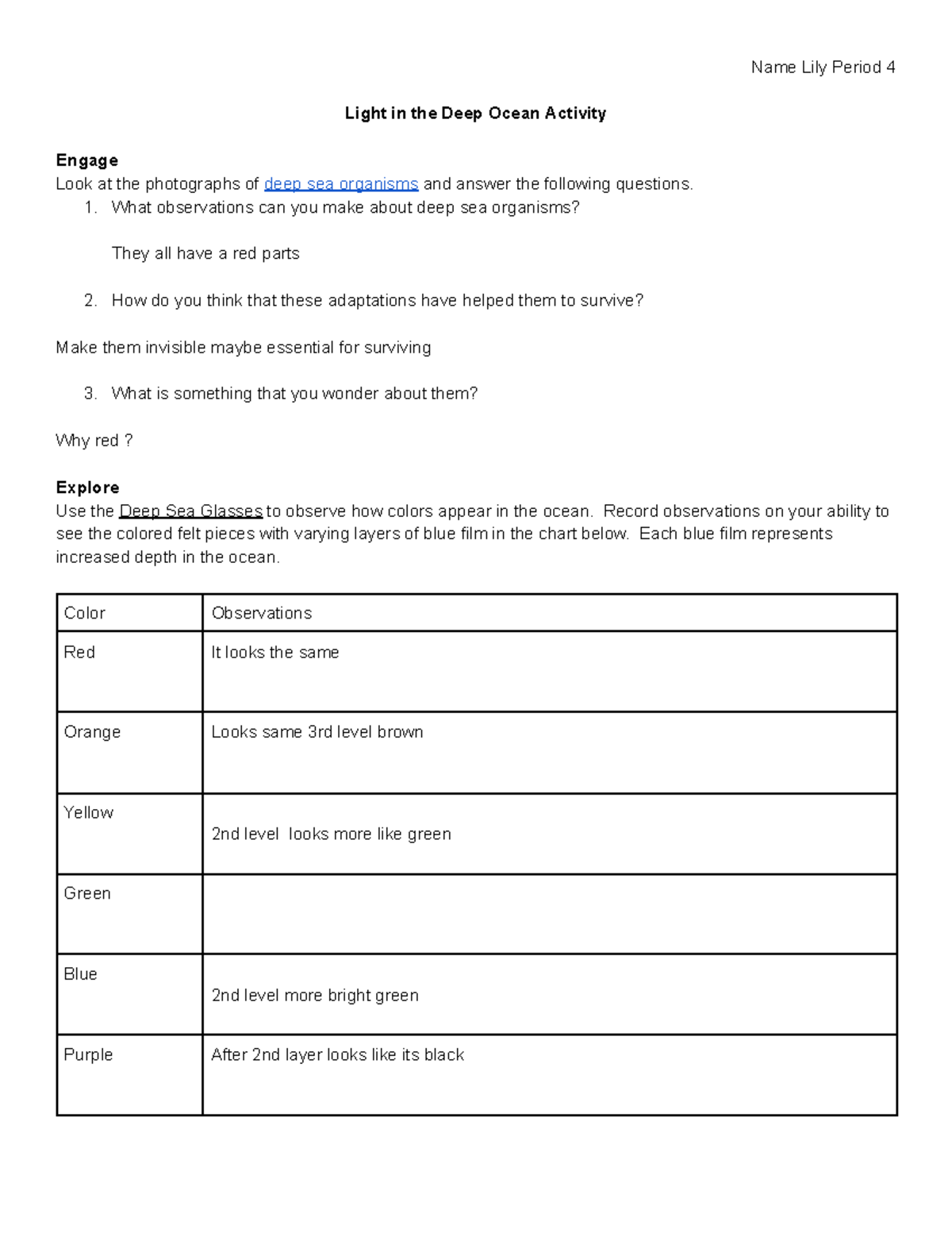 Light in the Deep Ocean Activity - Name Lily Period 4 Light in the Deep Ocean Activity Engage ...