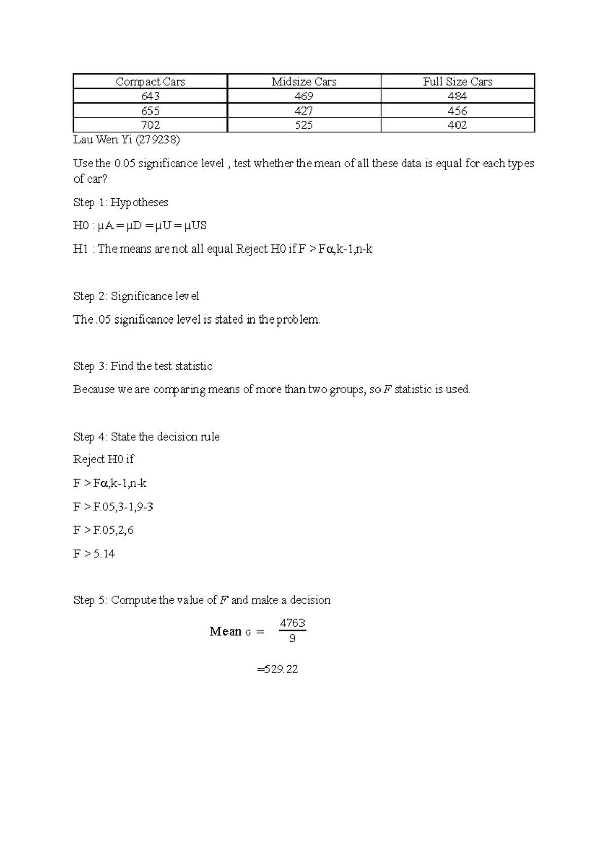 Anova Exercise - ... - Compact Cars Midsize Cars Full Size Cars 643 469 ...