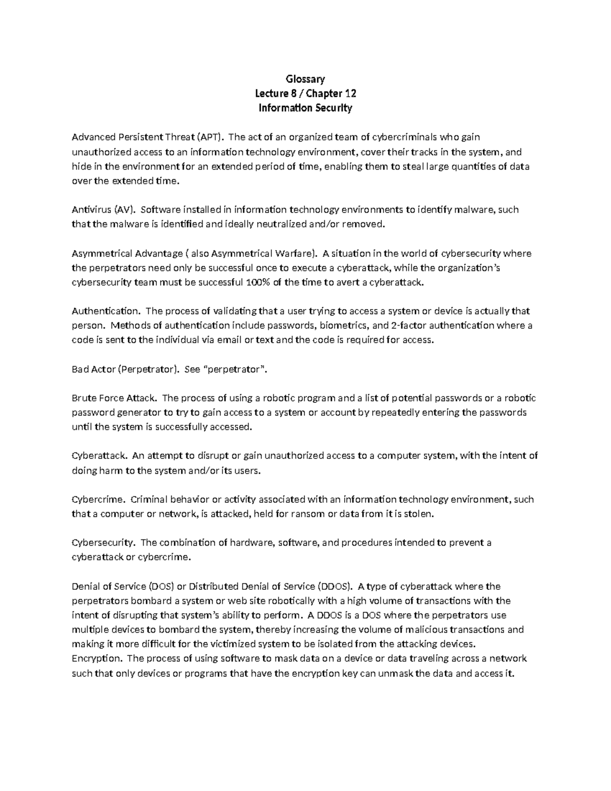 Glossary Terms - IT Security - Glossary Lecture 8 / Chapter 12 ...