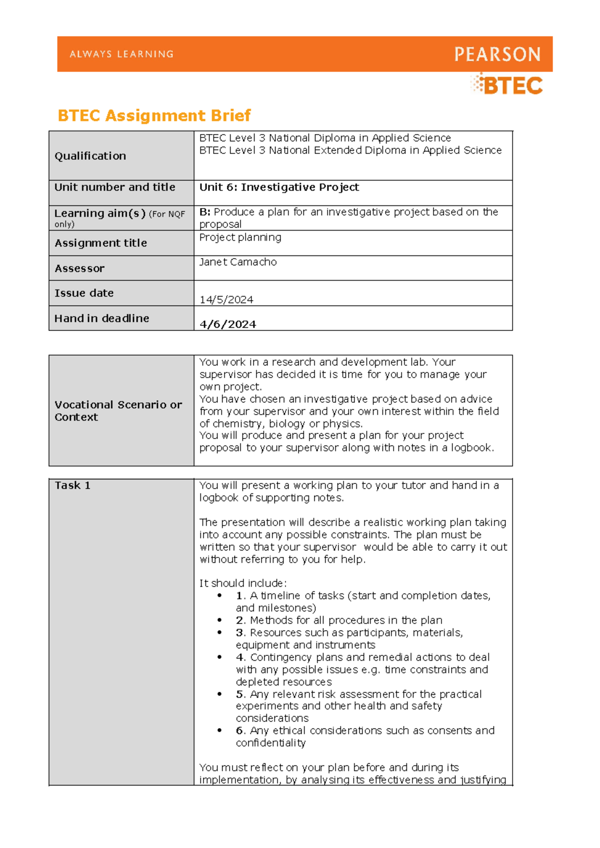 Unit 6B - is just an assignment brief - BTEC Assignment Brief Qualification BTEC Level 3 ...