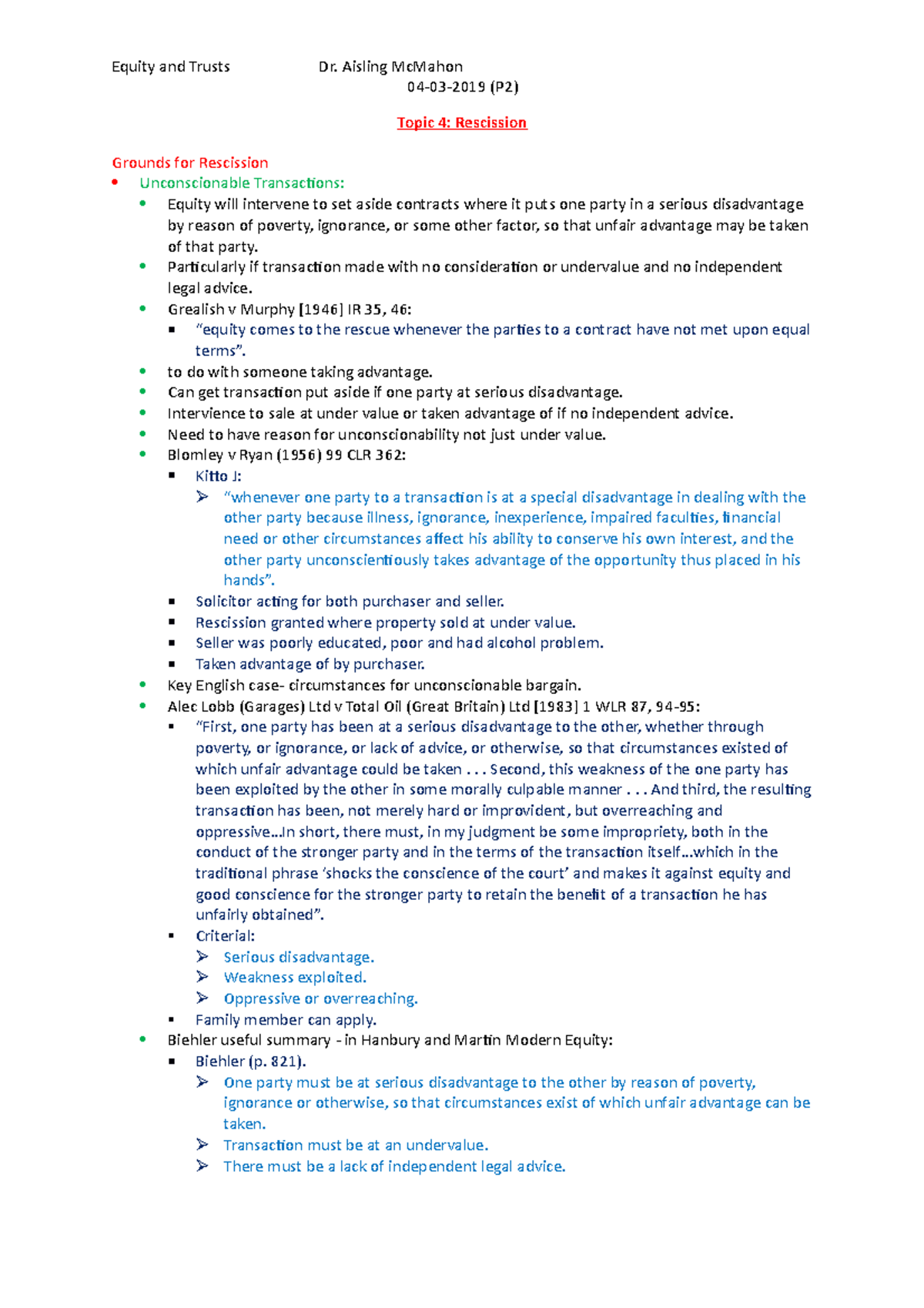 Lecture 10 - Rescission - 04-03-2019 (P2) Topic 4: Rescission Grounds ...
