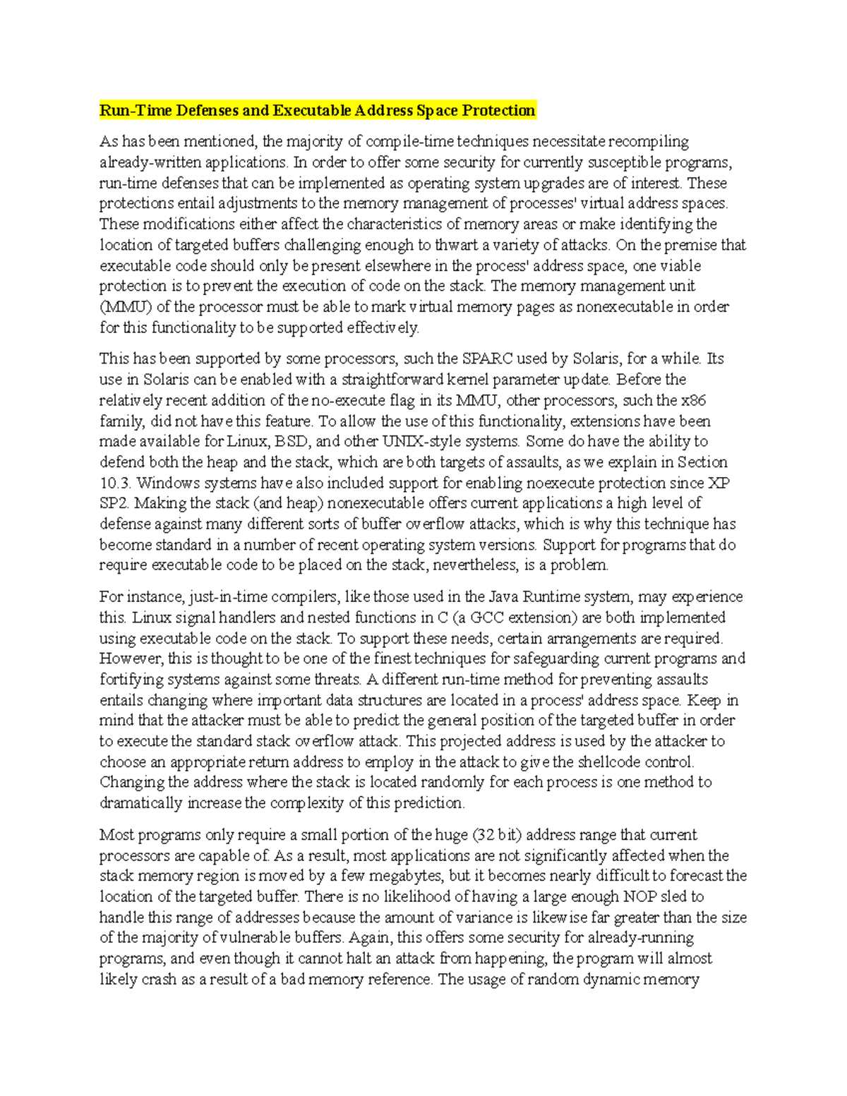 Run-Time Defenses and Executable Address Space Protection - In order to ...