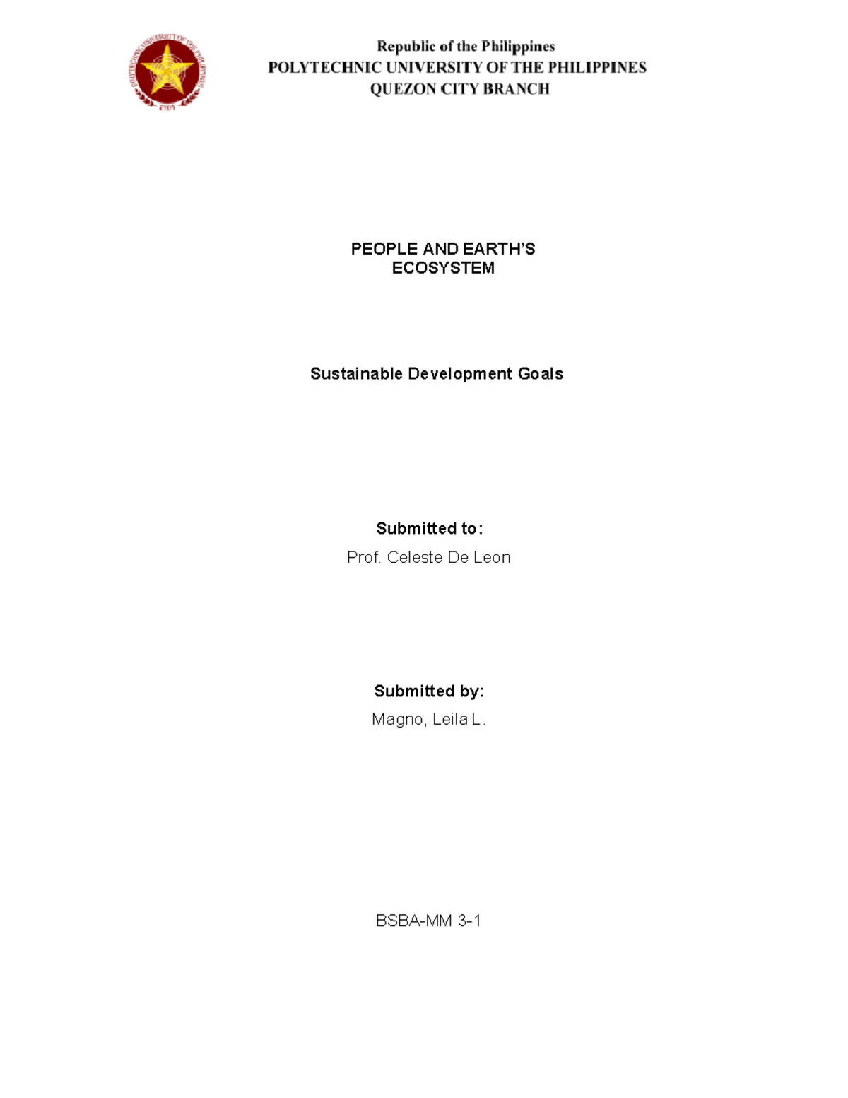 Written Report in PEE Magno - PEOPLE AND EARTH’S ECOSYSTEM Sustainable ...